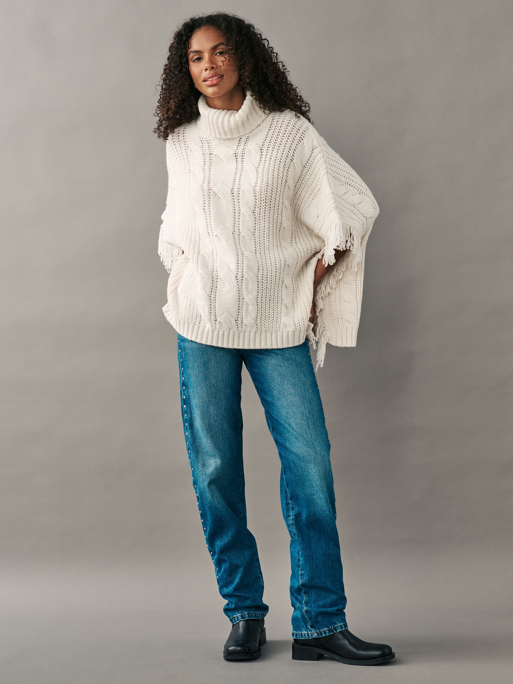 Buy White Ecru High Roll Neck Fringe Knitted Cape Cardigan With Wool ...