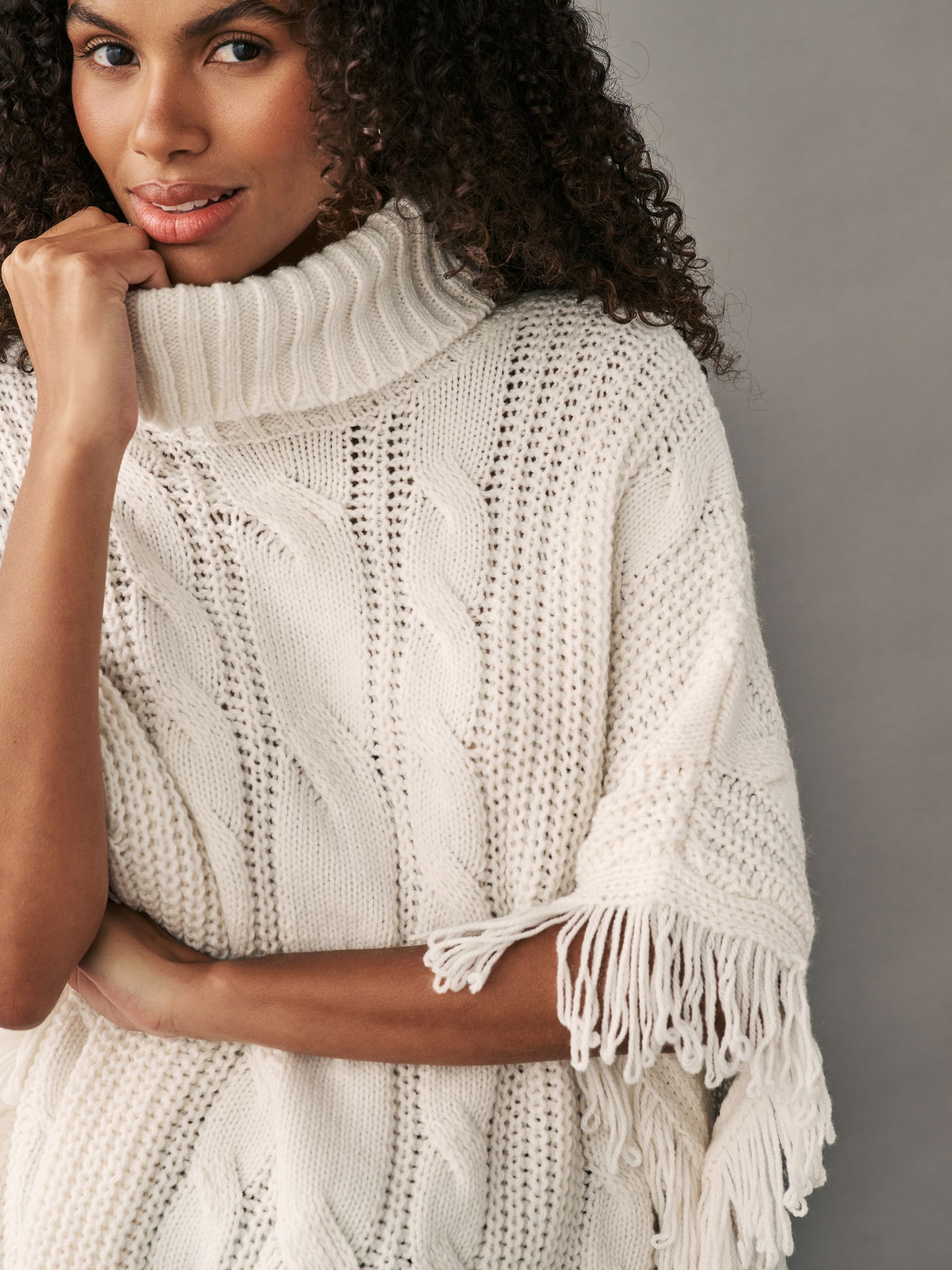 Buy White Ecru High Roll Neck Fringe Knitted Cape Cardigan With Wool ...