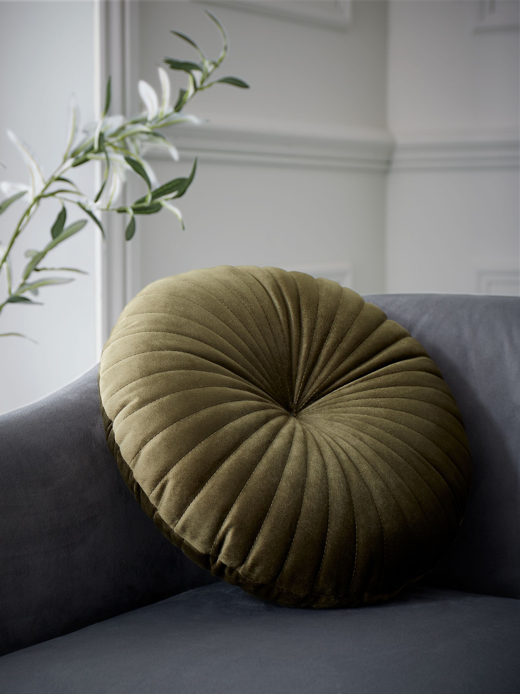 Buy Catherine Lansfield Olive Green Round Soft Touch Cushion from the ...