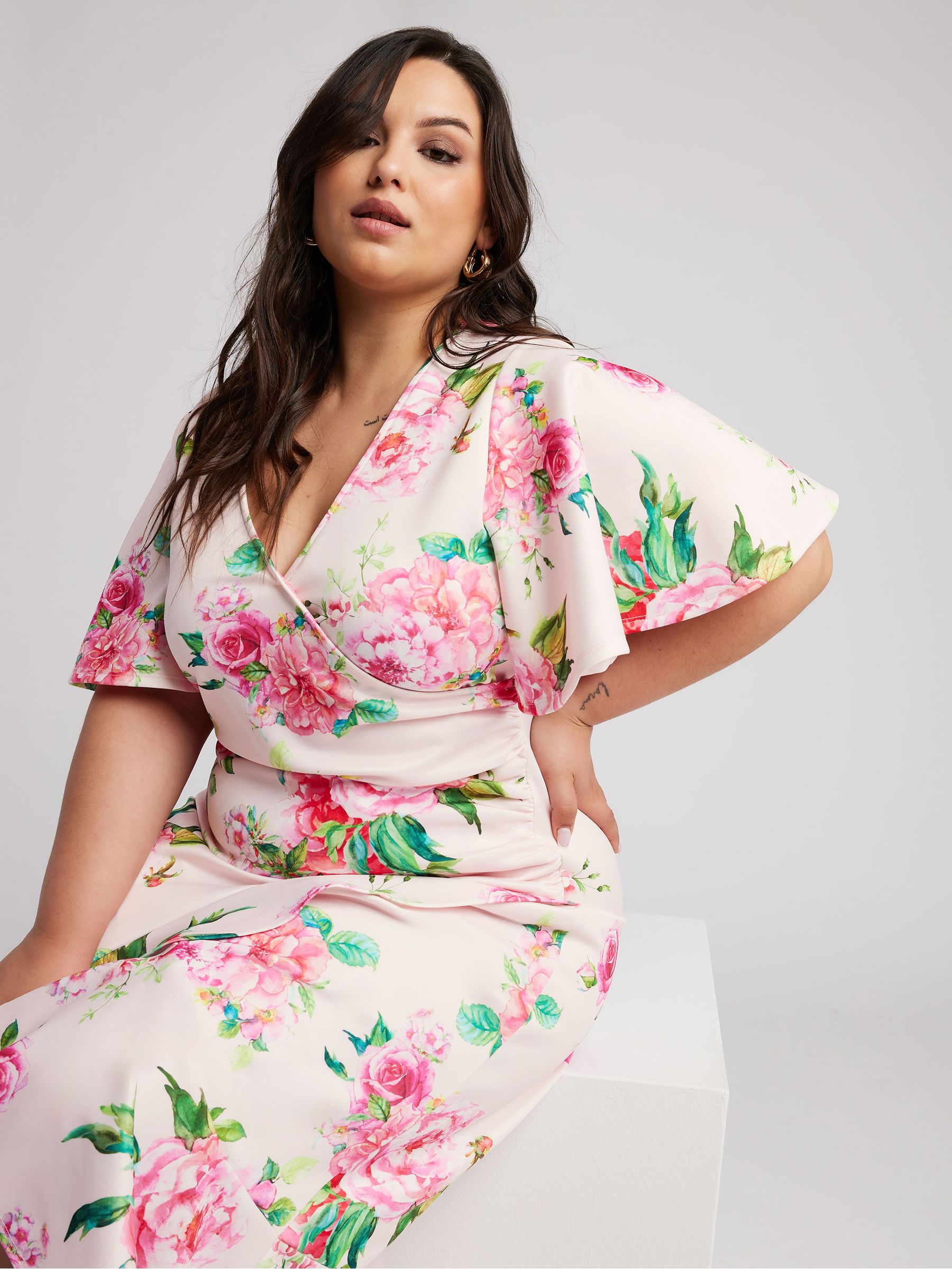 Buy Yours Curve Pink London Floral Print Ruched Midi Dress from the ...