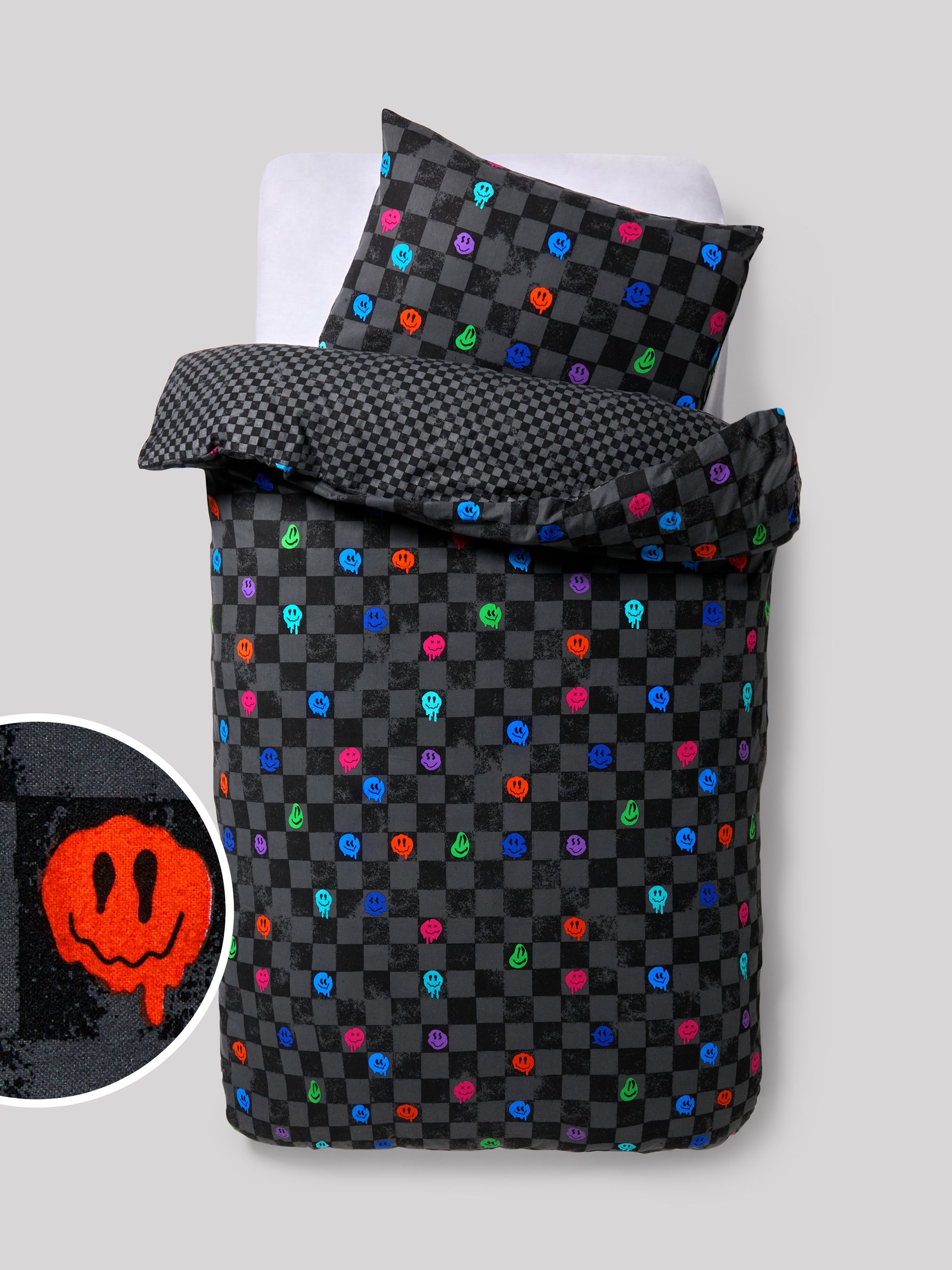 Buy Black/White Checkerboard Happy Face Duvet Cover and Pillowcase Set ...