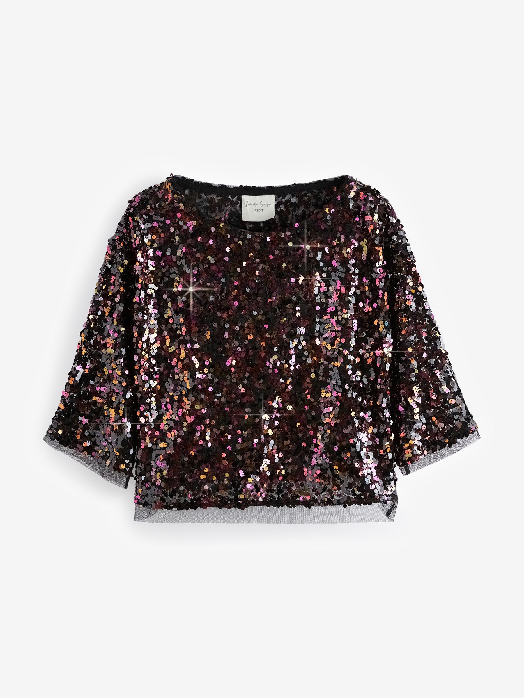 Buy Black/Pink Sequin Quarter Sleeve Mesh Top from the Next UK online shop