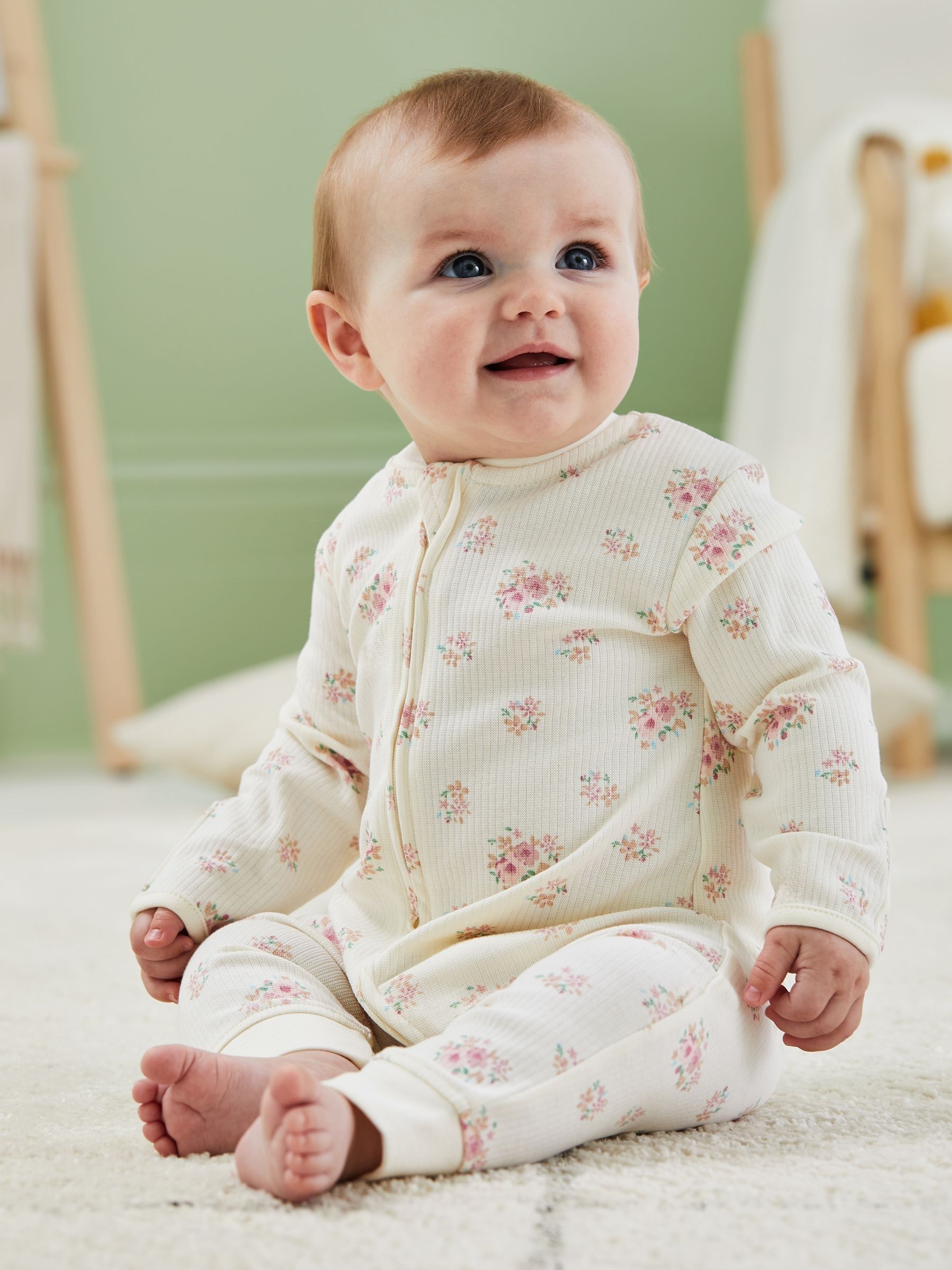 Buy JoJo Maman Bébé Cream Rose Print Ribbed Footless Sleepsuit from the ...