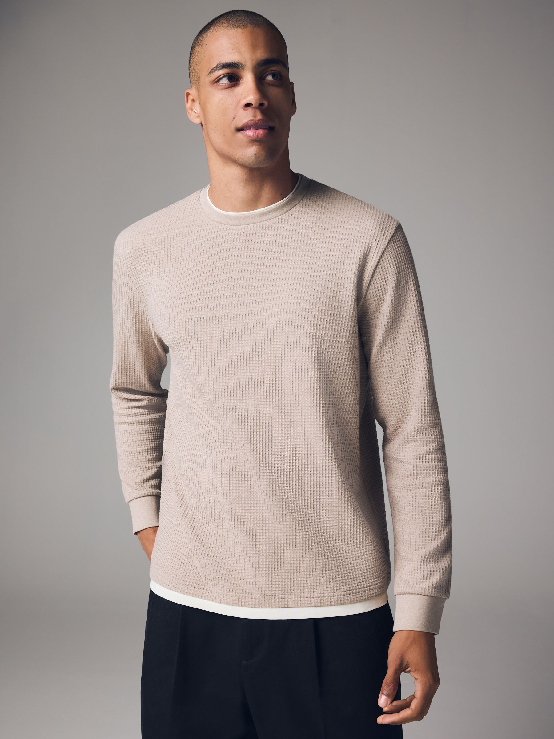 Buy Neutral Texture Long Sleeve Mock Layer Jumper from Next United Arab ...