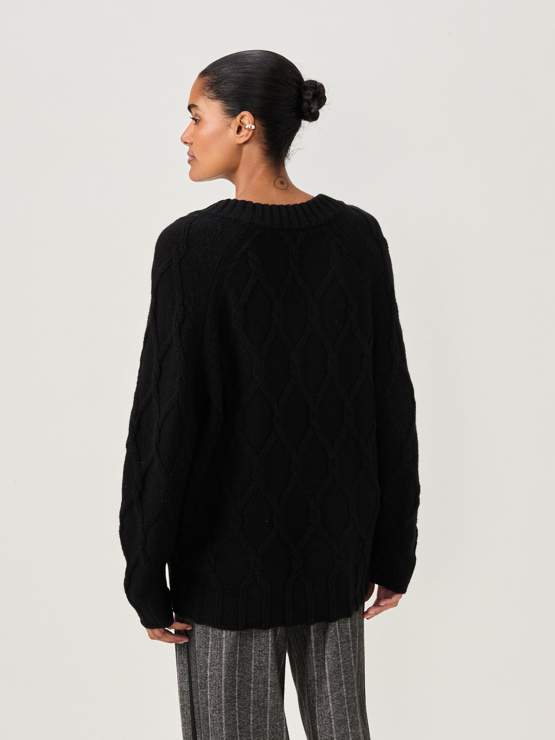 Buy Black Cable Knitted Longline V-Neck Tunic Jumper with Wool from the ...