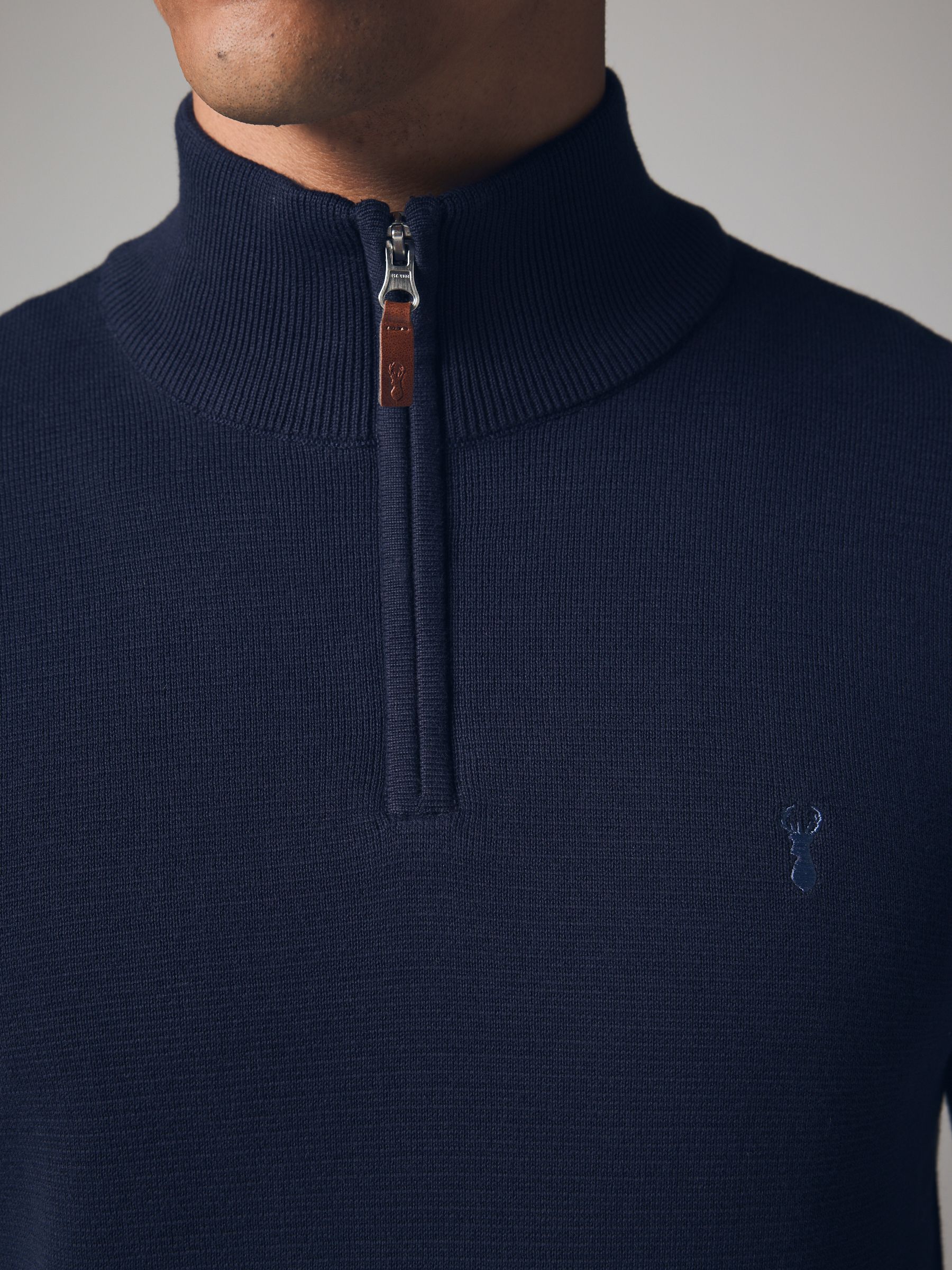 Buy Navy Blue Stag Plain Regular Fit 100% Cotton Premium Quarter Zip ...