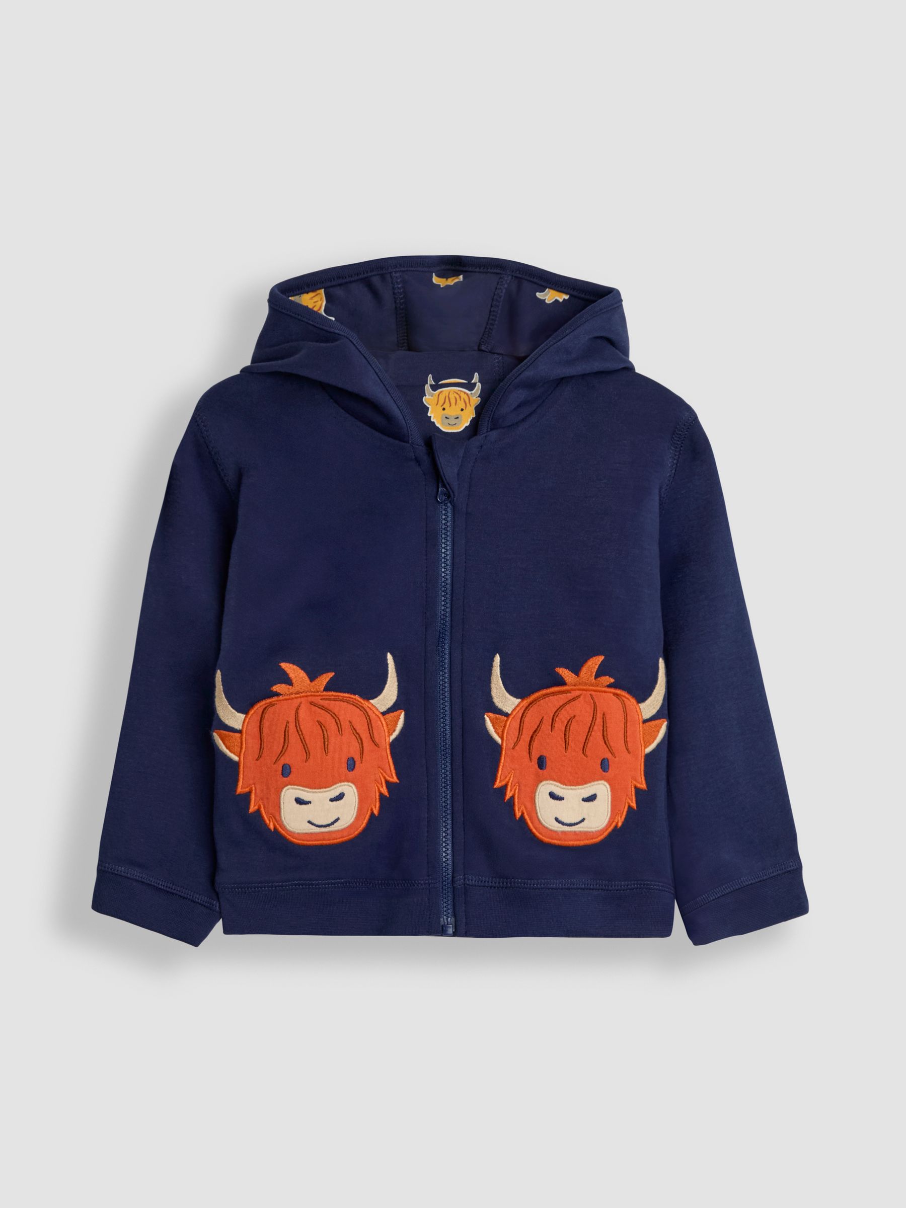 Buy JoJo Maman Bébé Navy Blue & Orange Highland Cow Appliqué Reversible ...