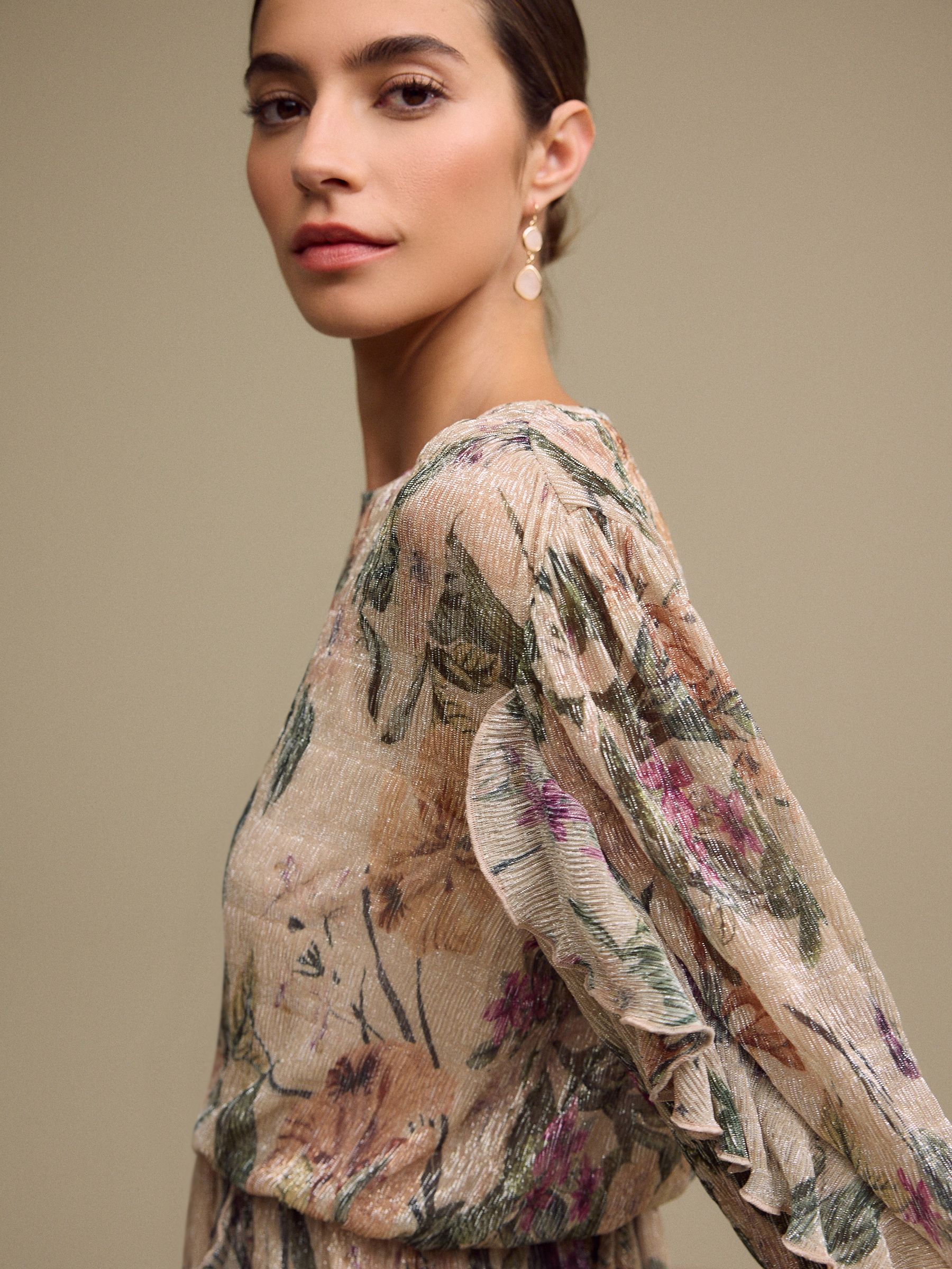 Buy Blush Pink Floral Long Sleeve Ruffle Detail Mini Dress from the ...