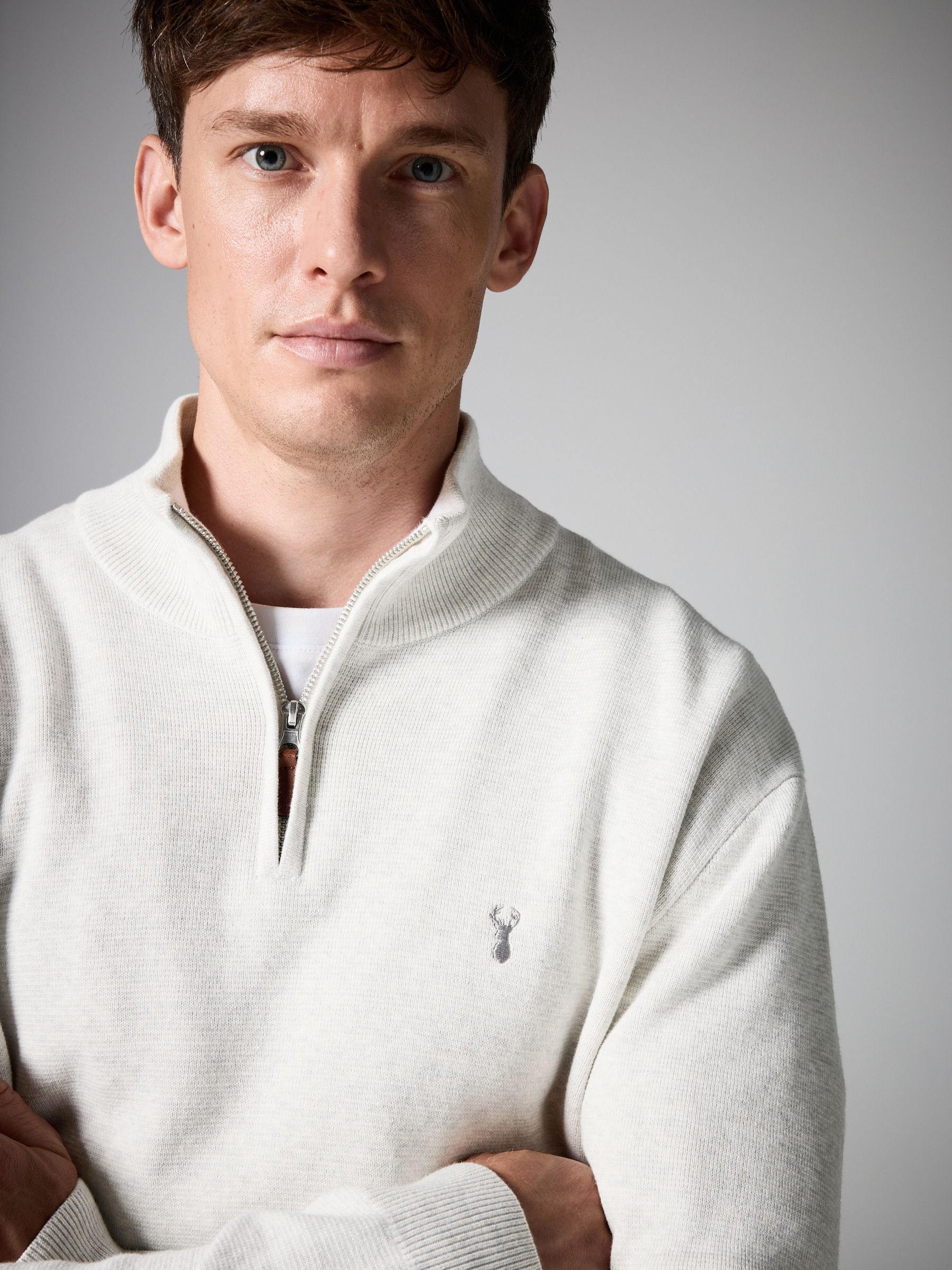 Buy Oatmeal Stag Plain Regular Fit 100% Cotton Premium Quarter Zip ...