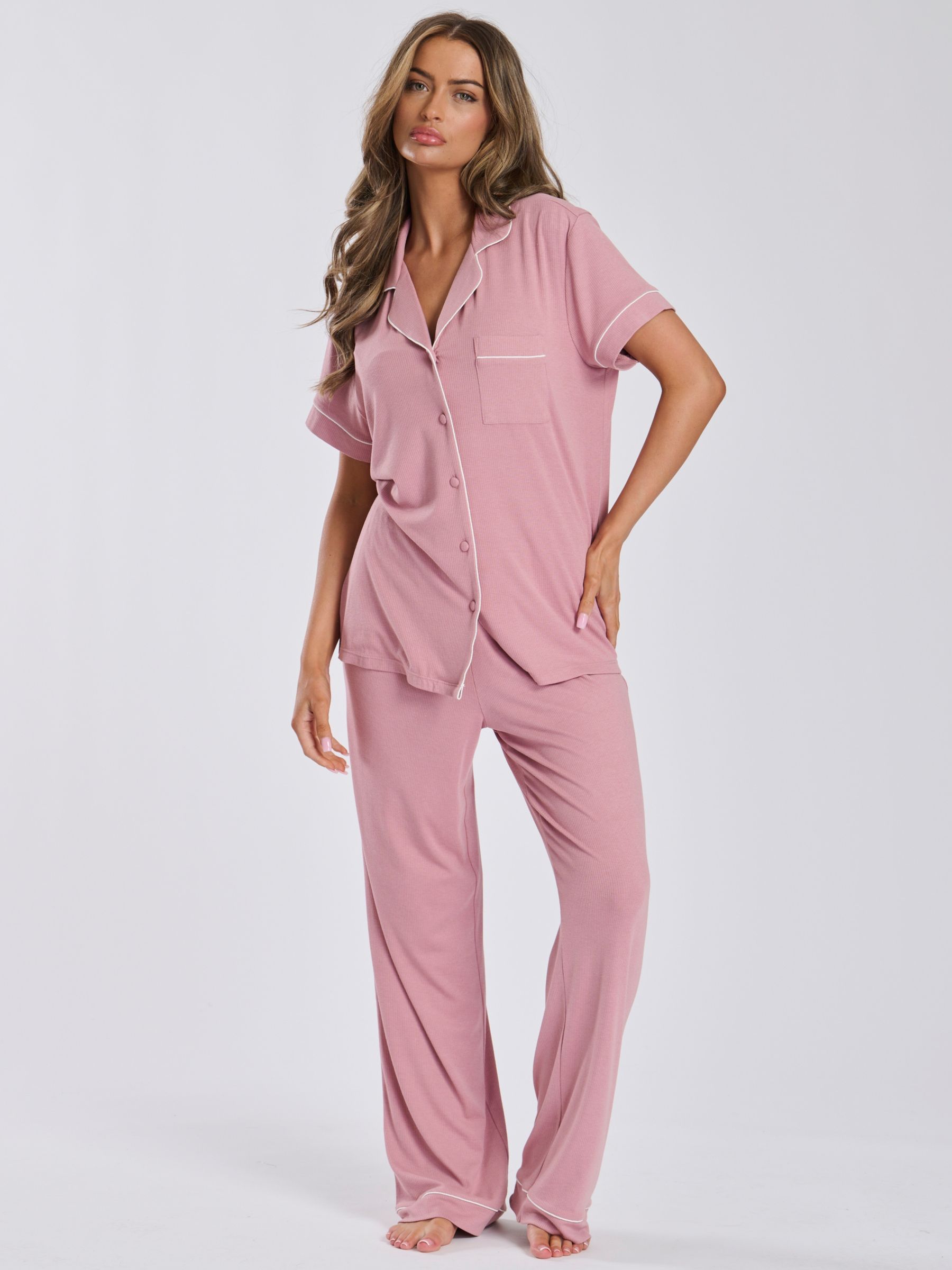 Buy Loungeable Pink Short Sleeve and Long Bottom Traditional Pyjama Set ...