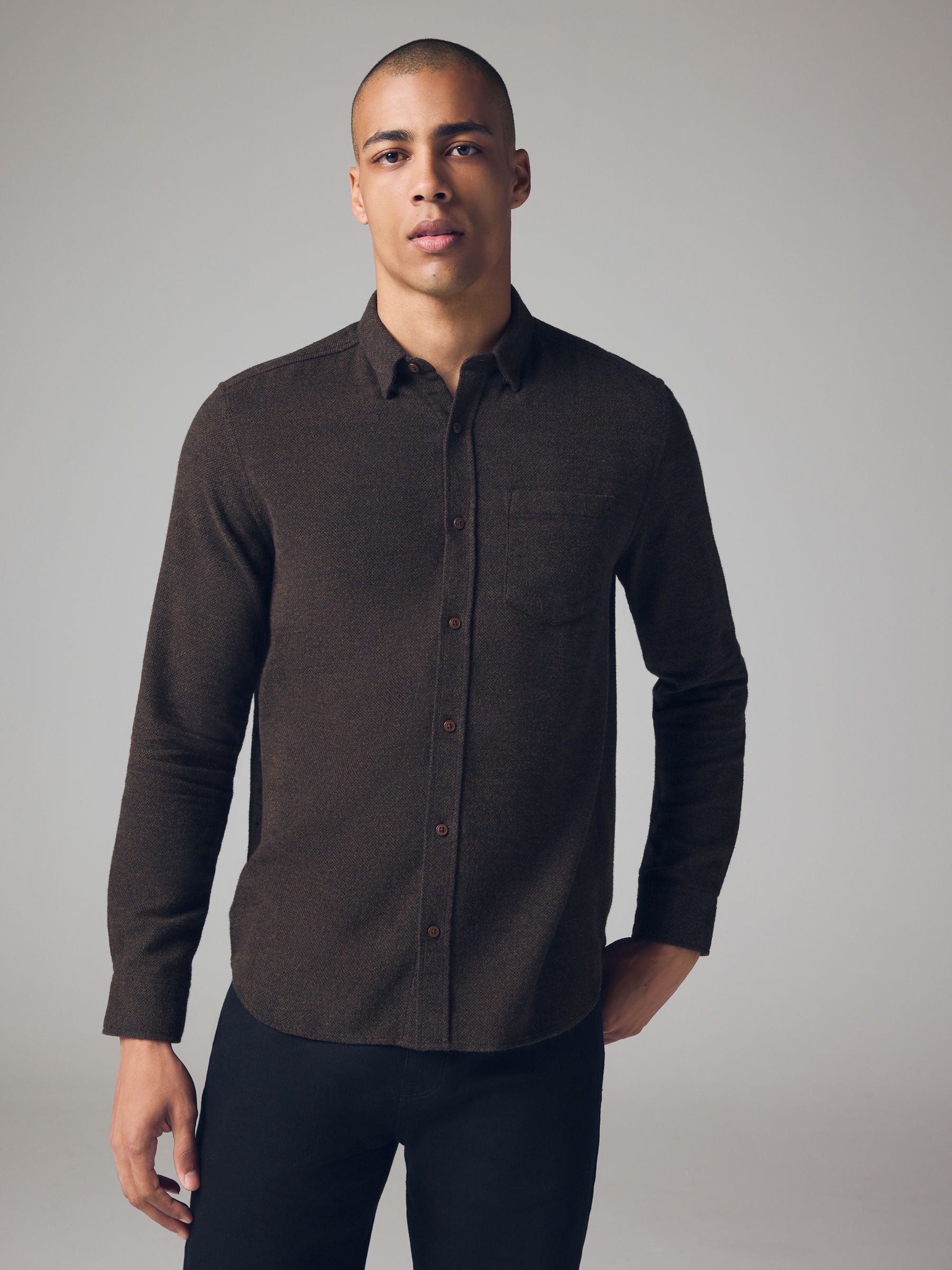 Buy Brown Brushed Texture 100% Cotton Long Sleeve Shirt from the Next ...