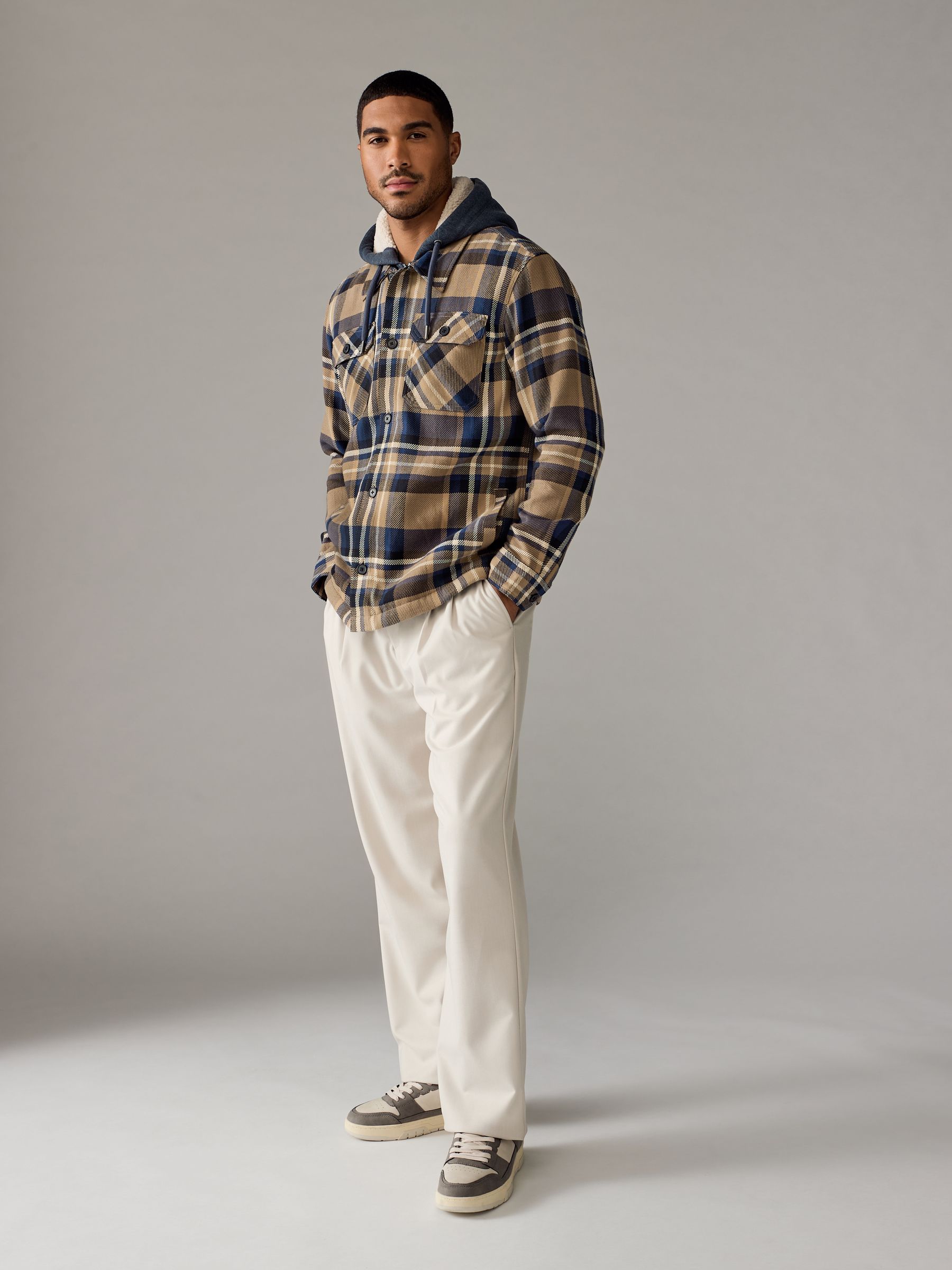 Buy Tan Brown Check Hooded Borg Lined Shacket from the Next UK online shop