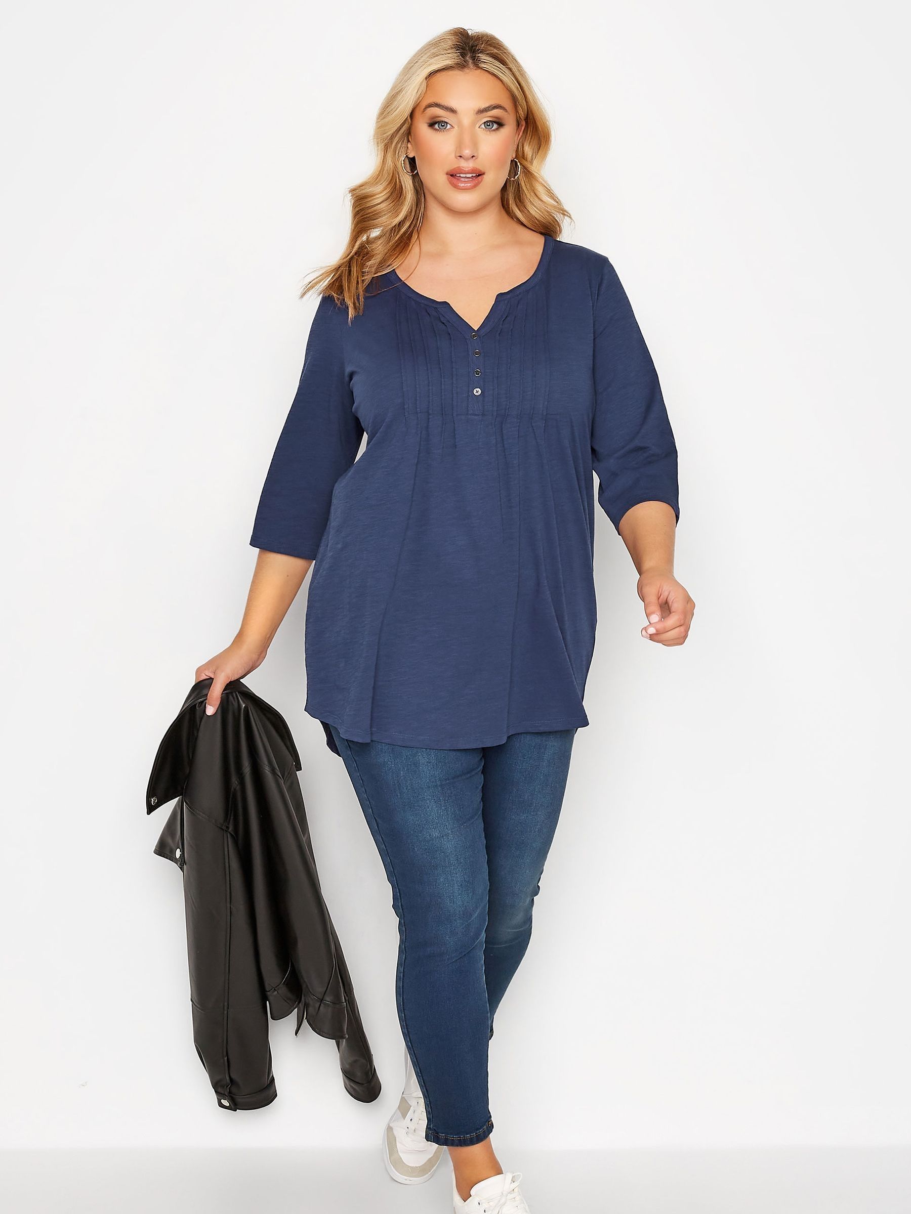 Buy Yours Curve Blue Pintuck Henley Top from the Next UK online shop