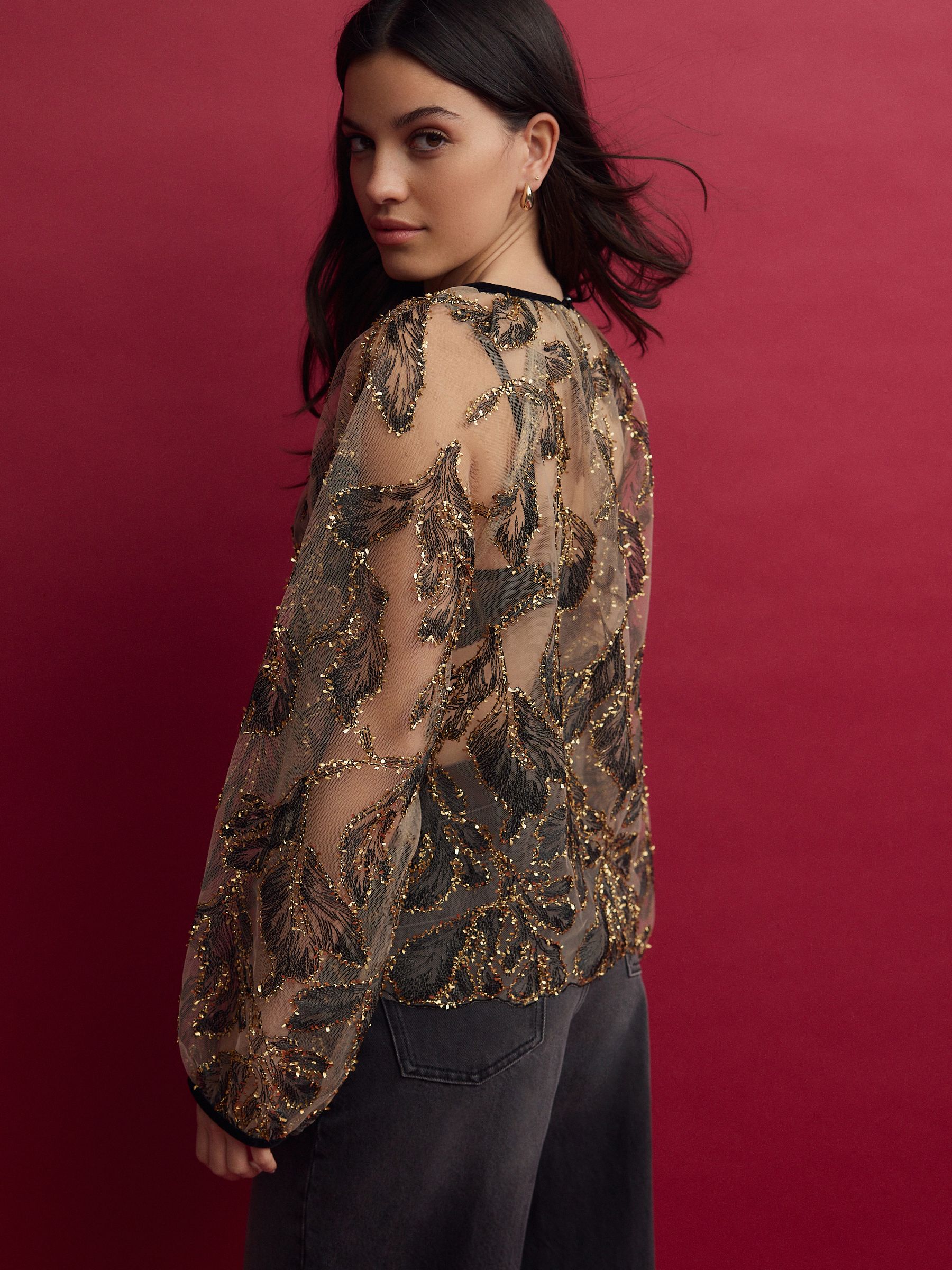 Buy Gold Champange Sheer Embellished Mesh Long Sleeve Volume Blouse ...