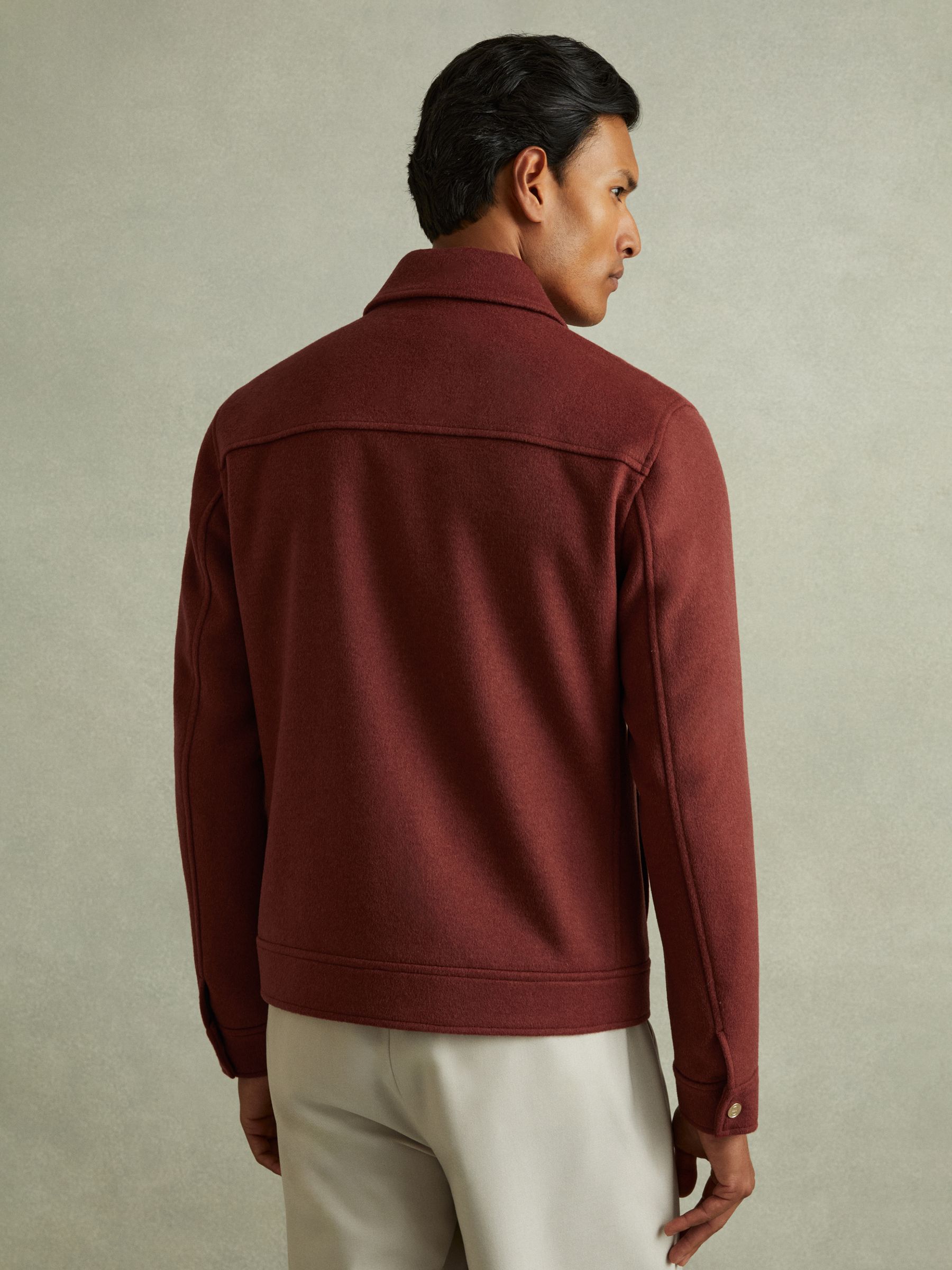 Buy Reiss Rust Red Peridoe Zip-Through Trucker Jacket with Wool from ...