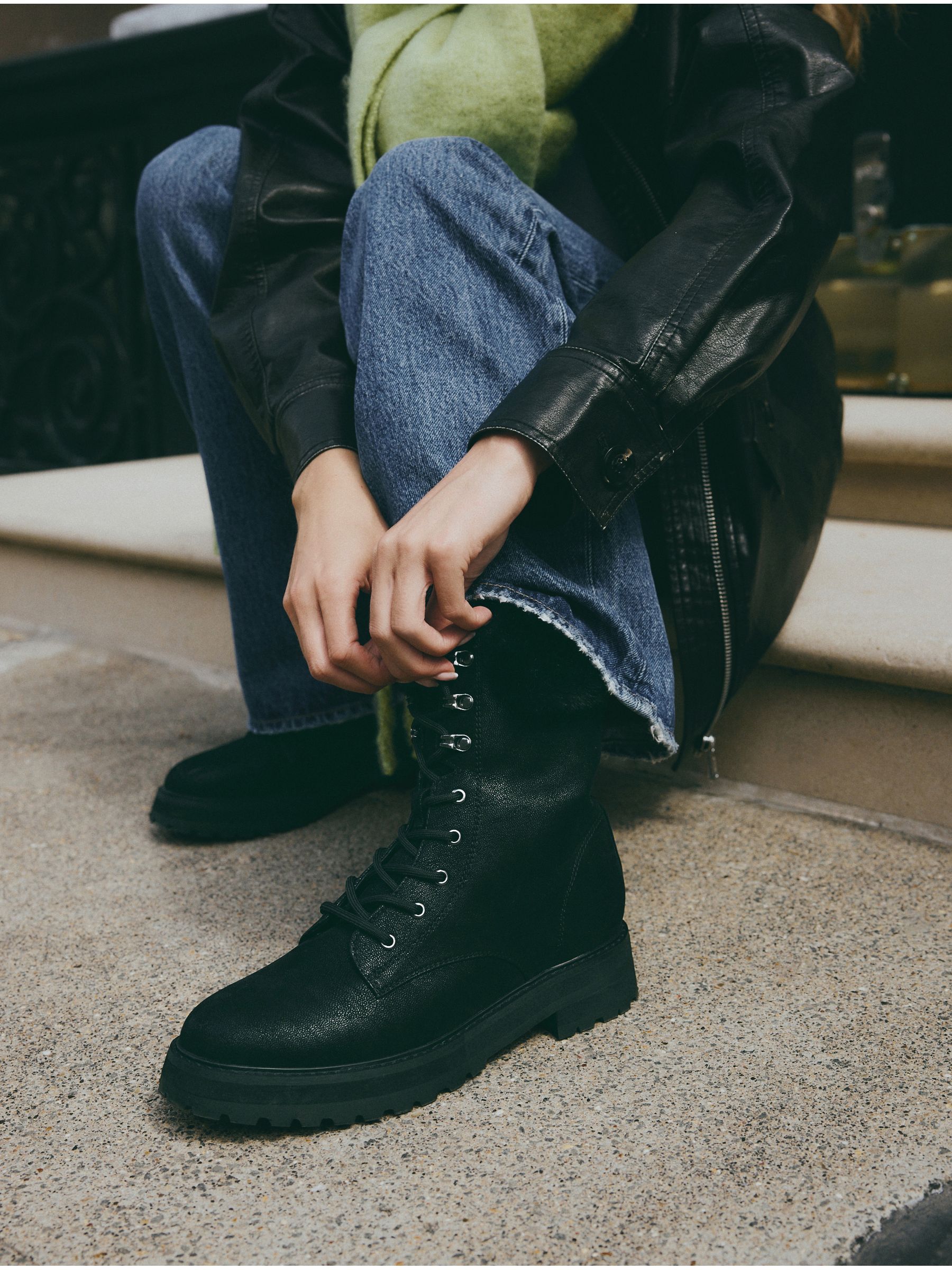 Buy Black Forever Comfort® Faux Fur Collared Lace-Up Boots from the ...