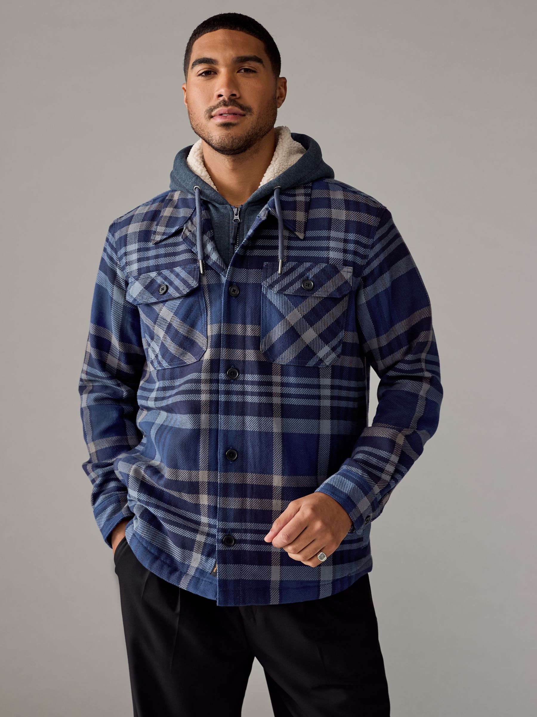 Buy Navy Blue Check Hooded Borg Lined Shacket from the Next UK online shop
