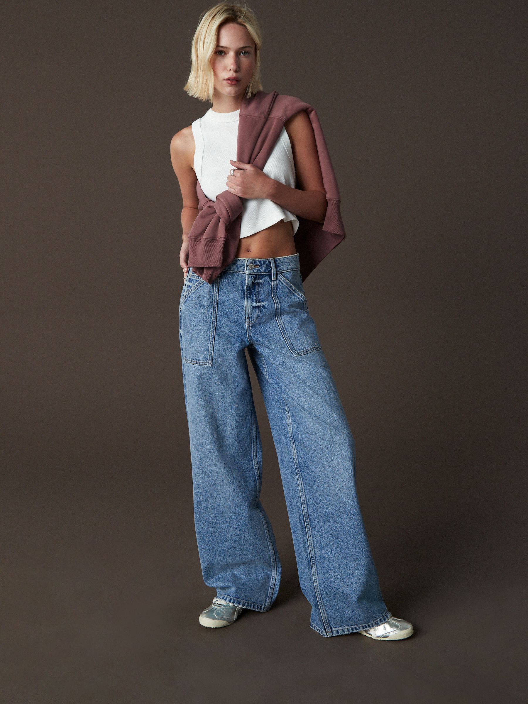 Buy Mid Blue Adjustable Cinch Back Wide Leg 100% Cotton Jeans from the ...