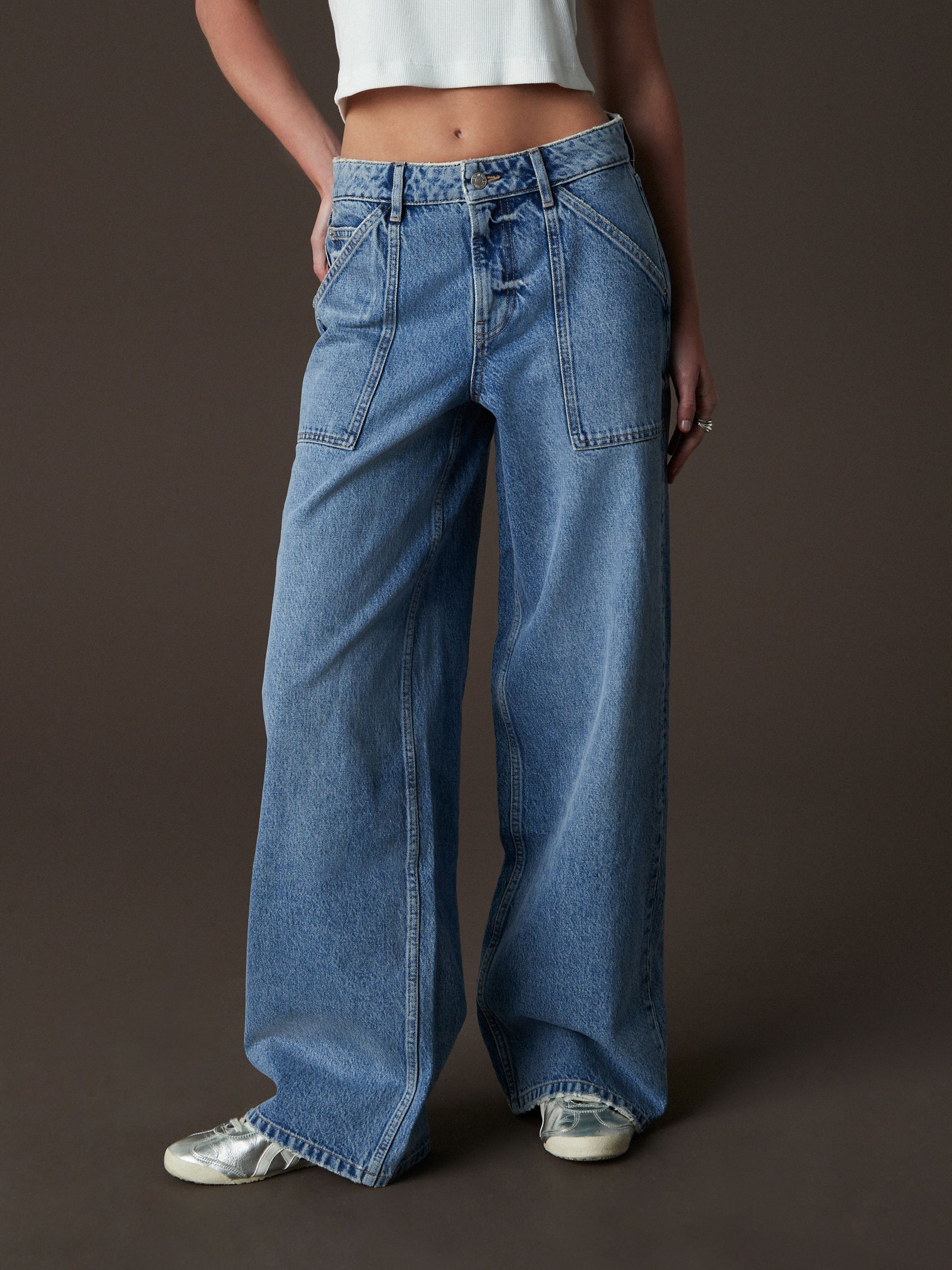 Buy Mid Blue Adjustable Cinch Back Wide Leg 100% Cotton Jeans from the ...