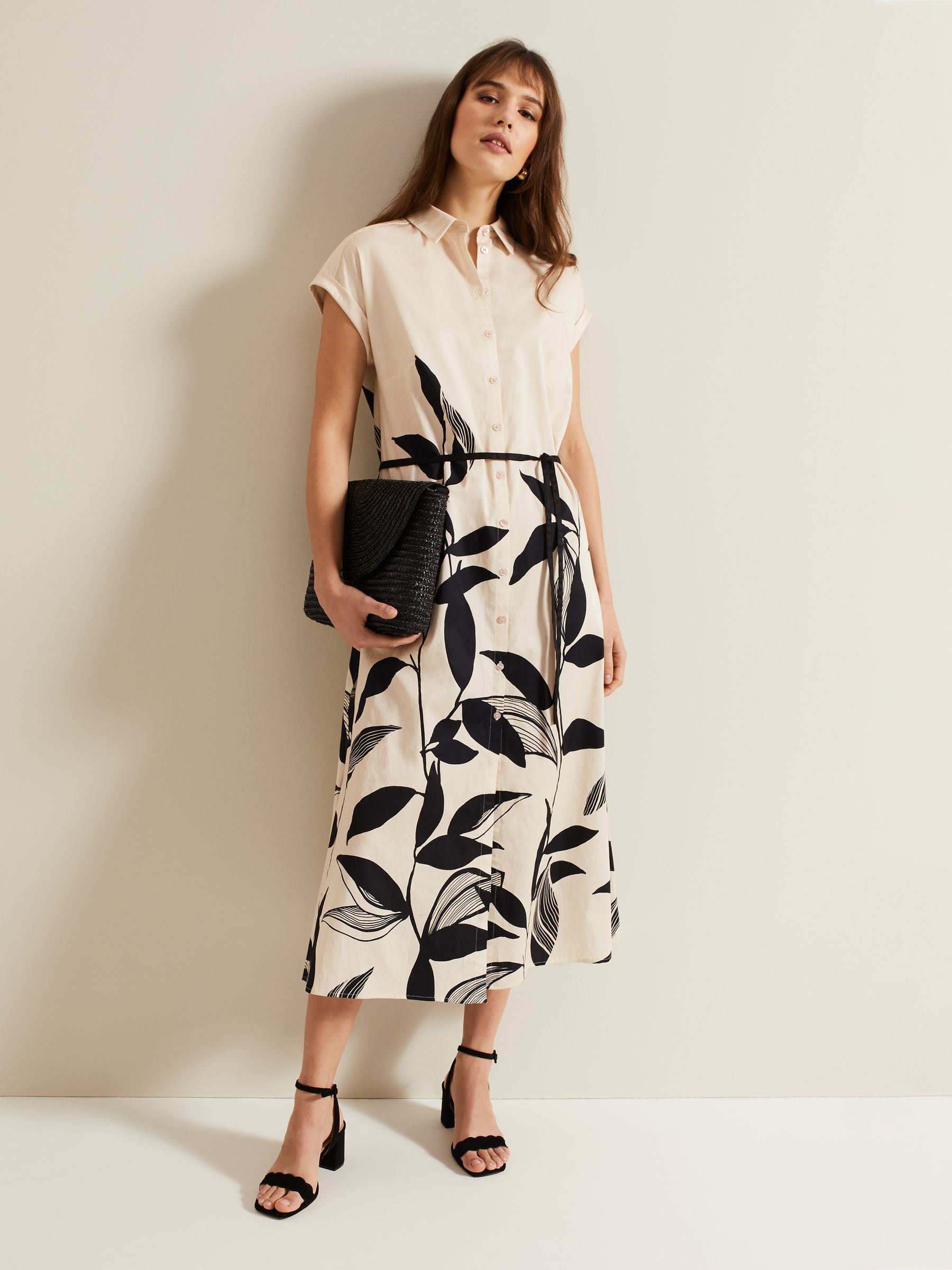 Buy Phase Eight Black 100% Cotton Leaf Print Felicity Midi Dress from ...