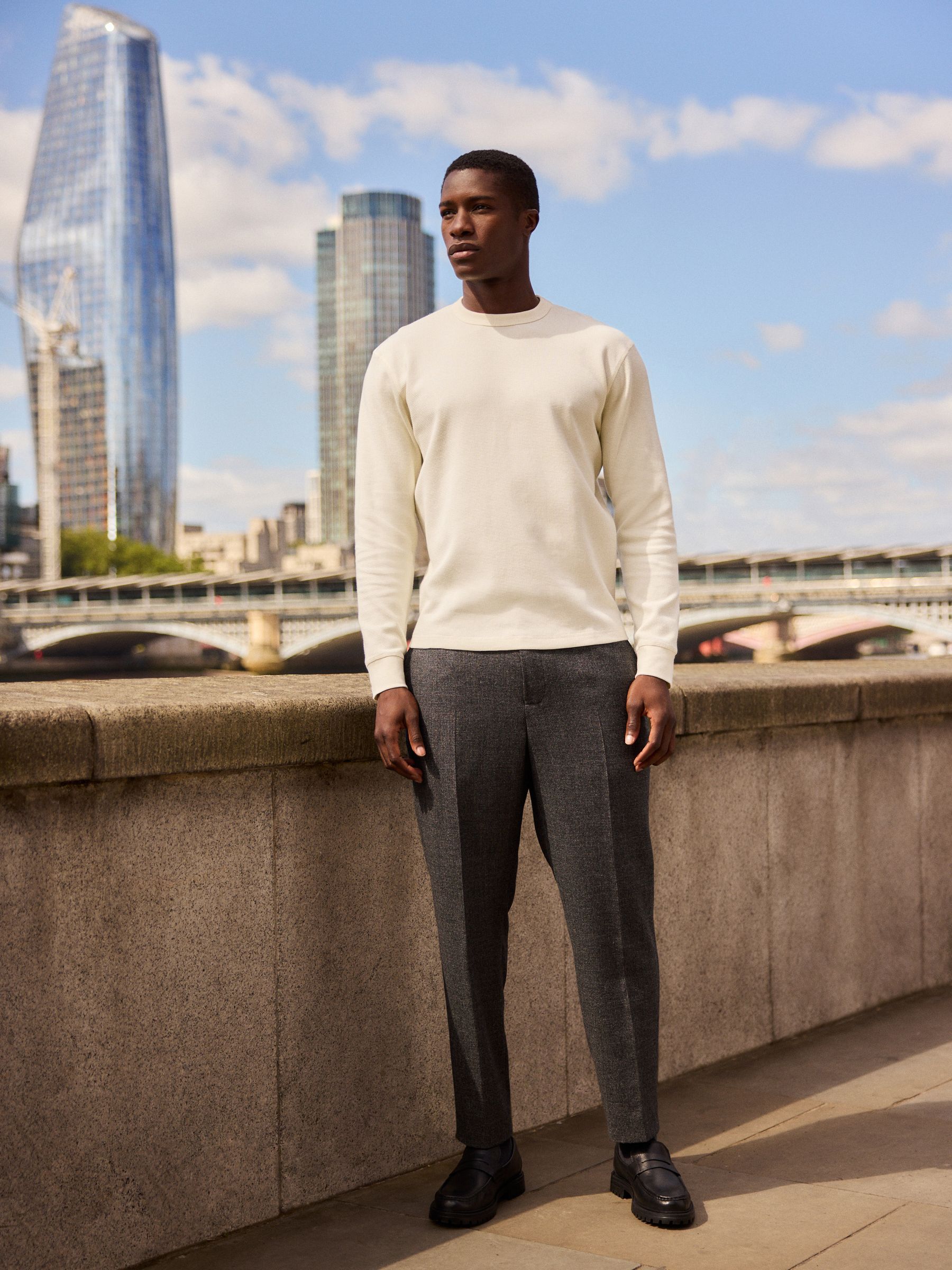 Buy Ecru White Long Sleeves Waffle Texture Crew 100% Cotton T-Shirt ...