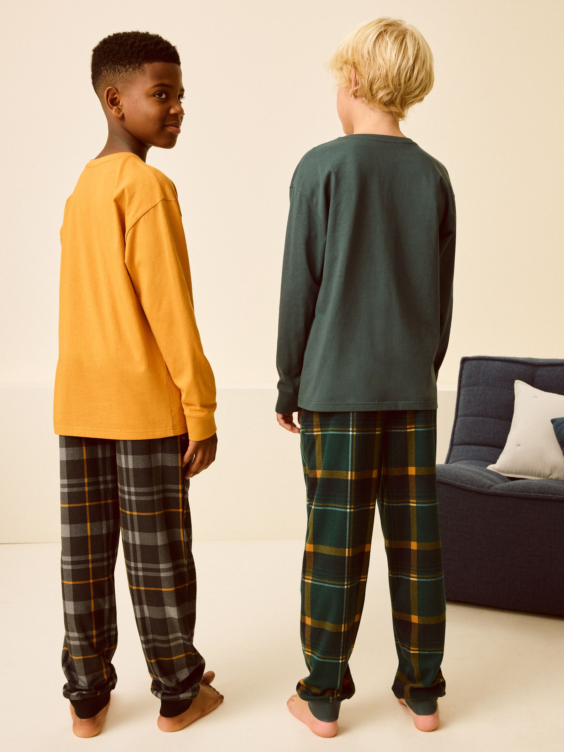 Buy Ochre Yellow Dino Check Cosy Fleece Pyjamas 2 Pack (3-14yrs) from ...