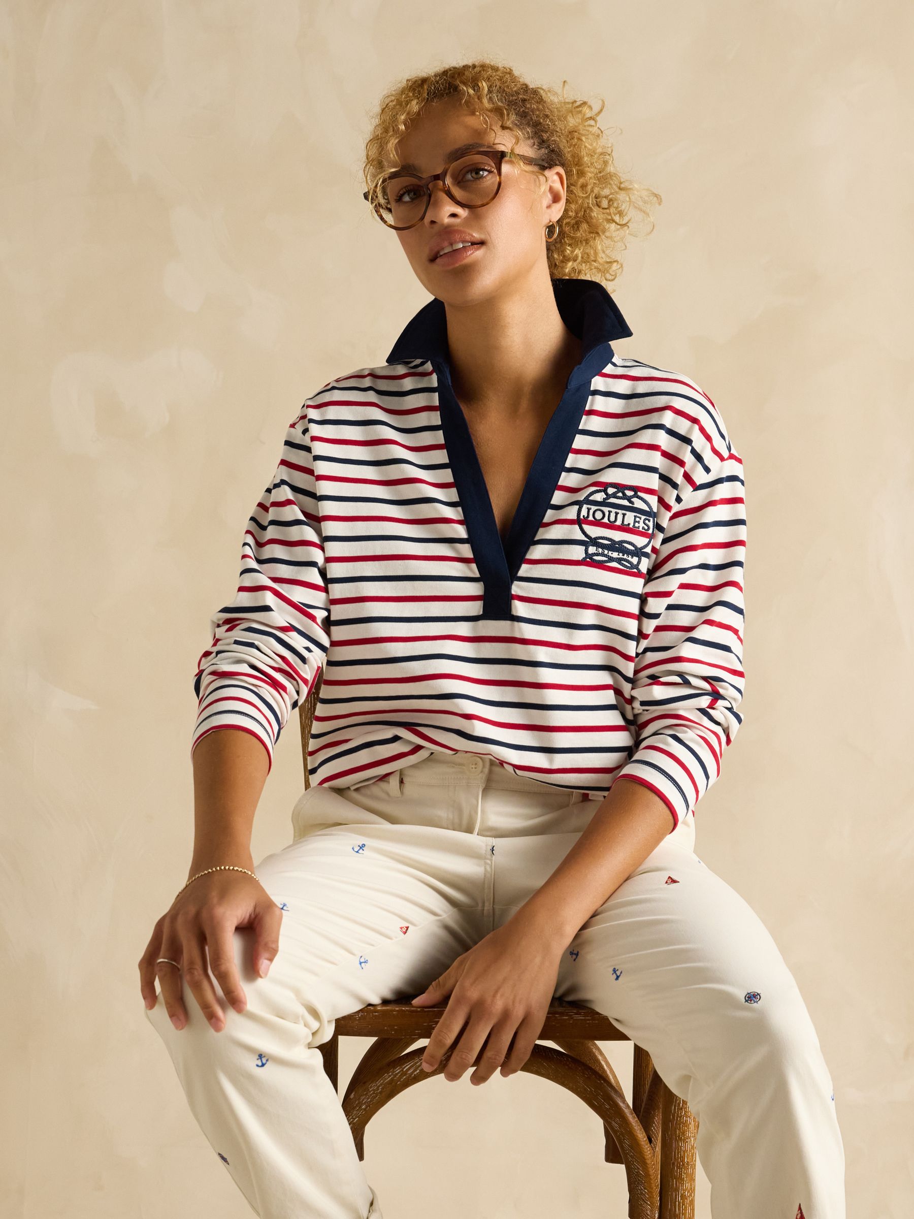 Buy Joules Tallie Navy & Red Stripe Long Sleeve Combed Cotton Collared ...