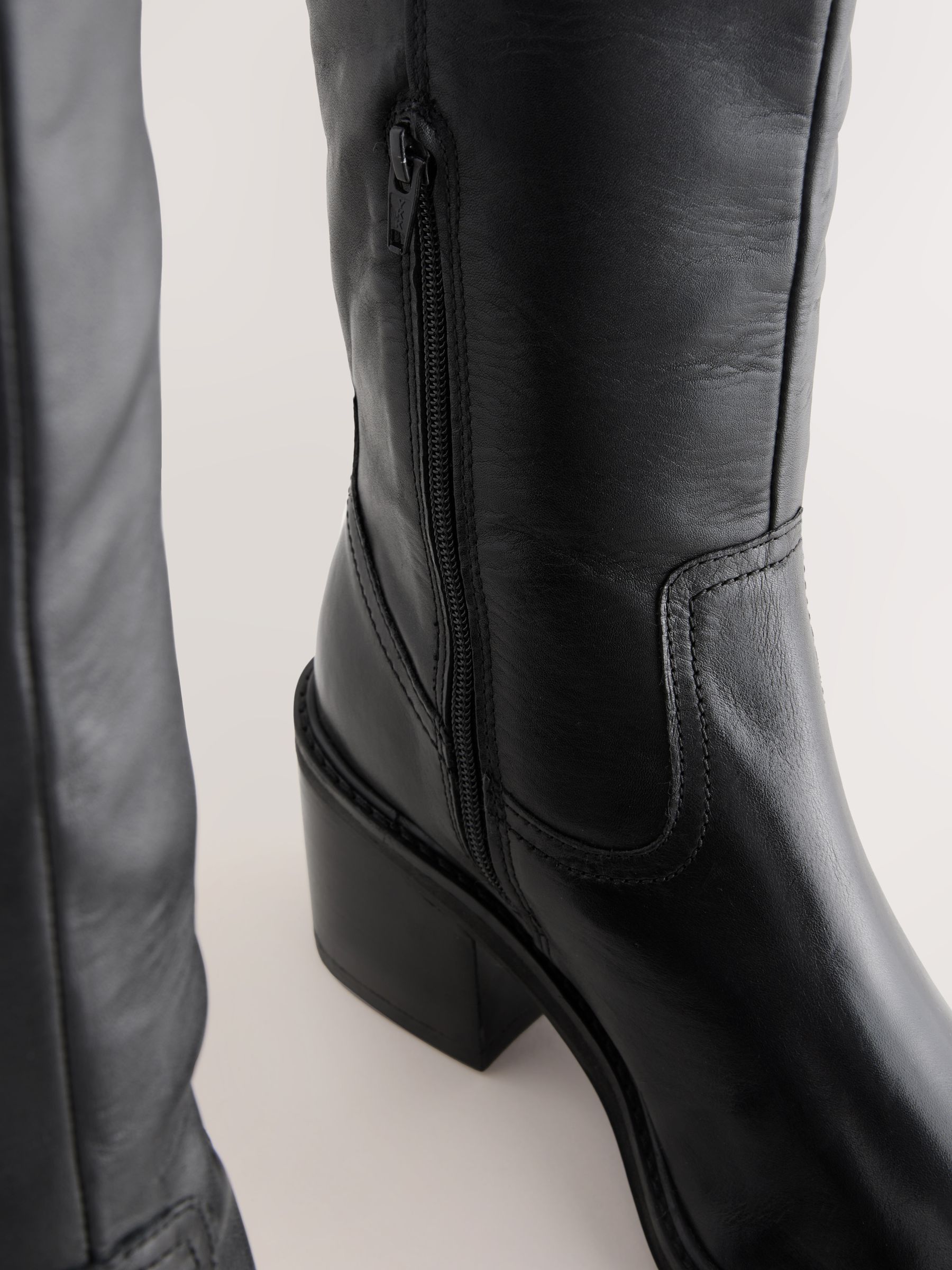 Buy Black Leather Square Toe Chunky Knee High Boots from the Next UK ...