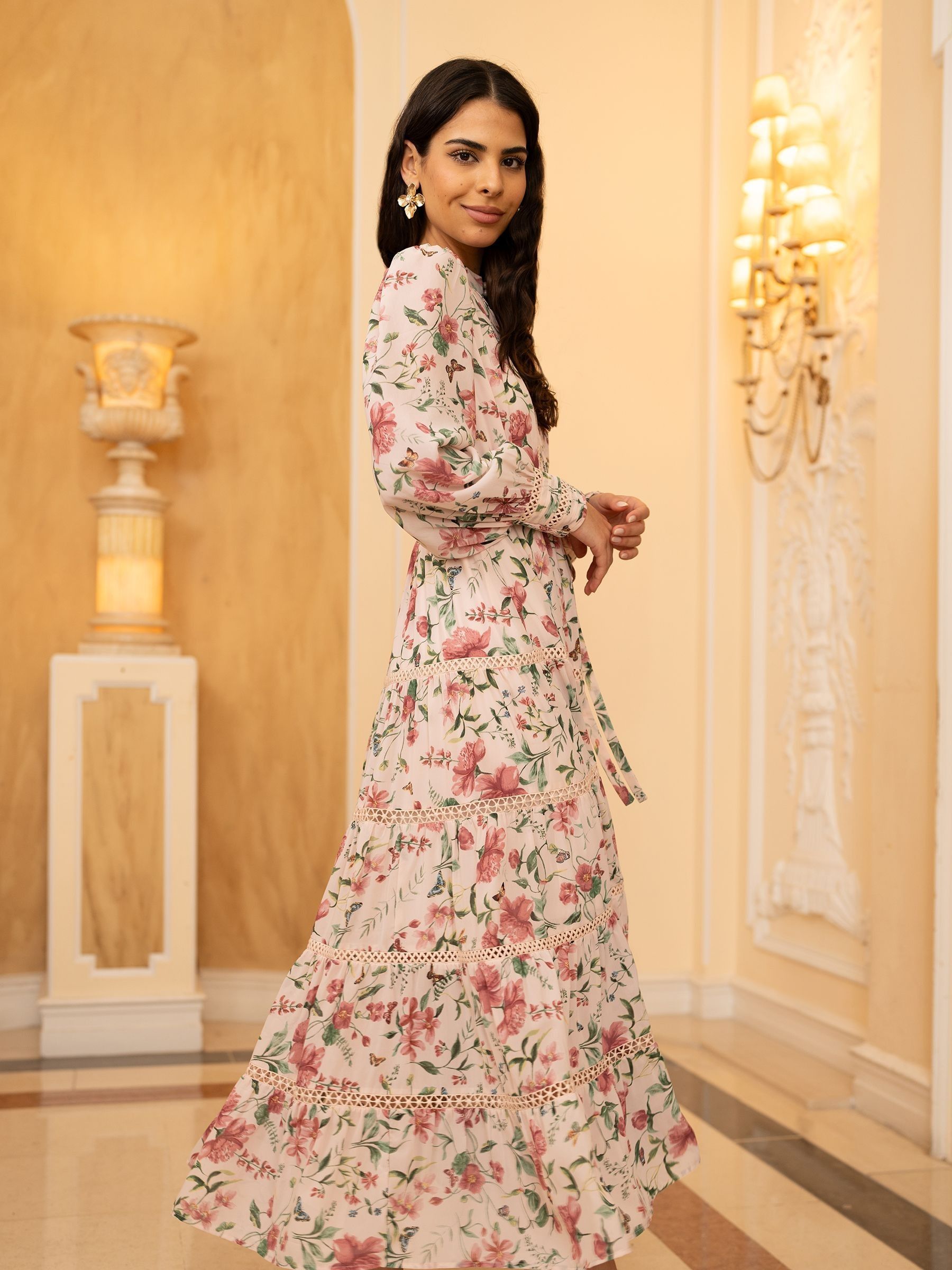 Buy Yumi Pink Tiered Long Sleeve High Neck Maxi Dress With Lace Trims ...