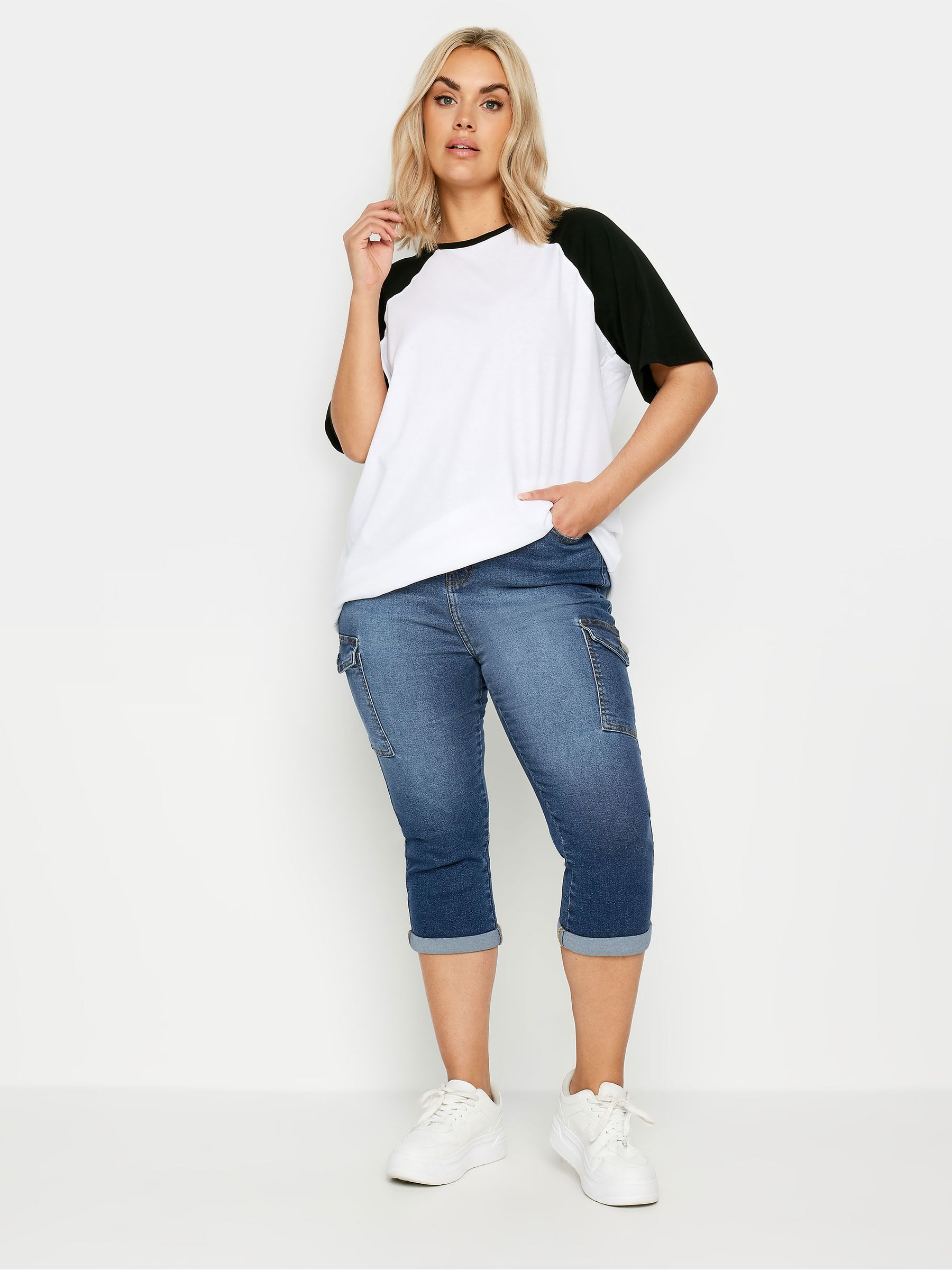 Buy Yours Curve Mid Blue Denim Cropped Cargo Jeans from the Next UK ...