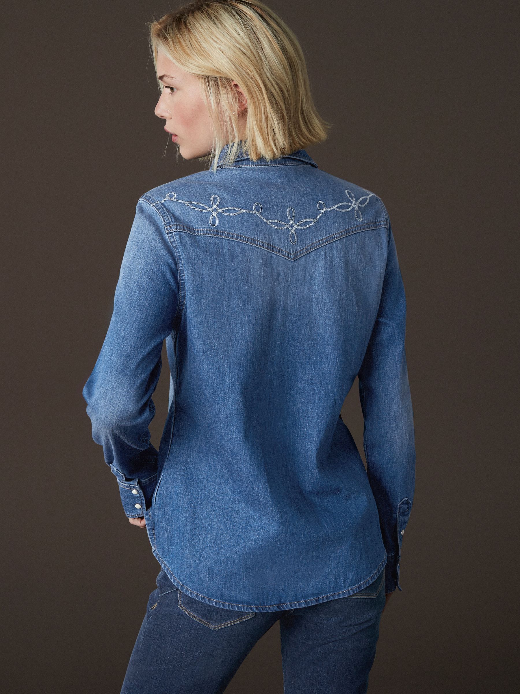 Buy Blue Embroidered Seam Detail Fitted Denim Western 100% Cotton Shirt ...