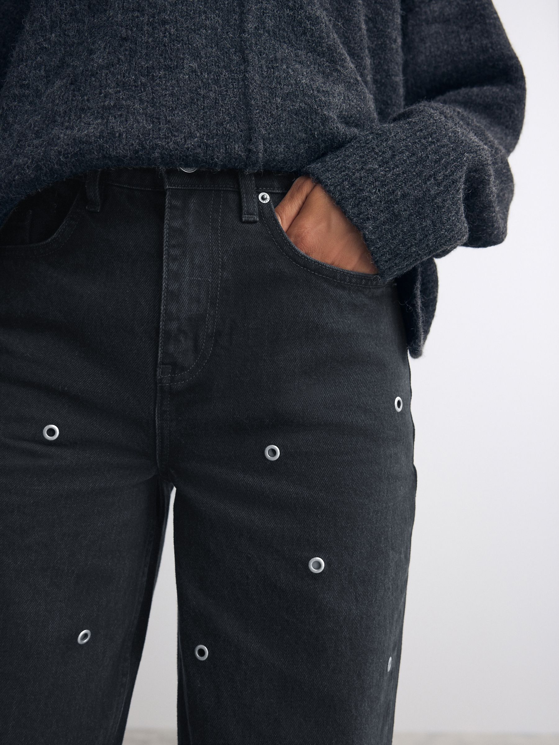 Buy Washed Black Eyelet Detail Barrel Leg 100% Cotton Jeans from the ...