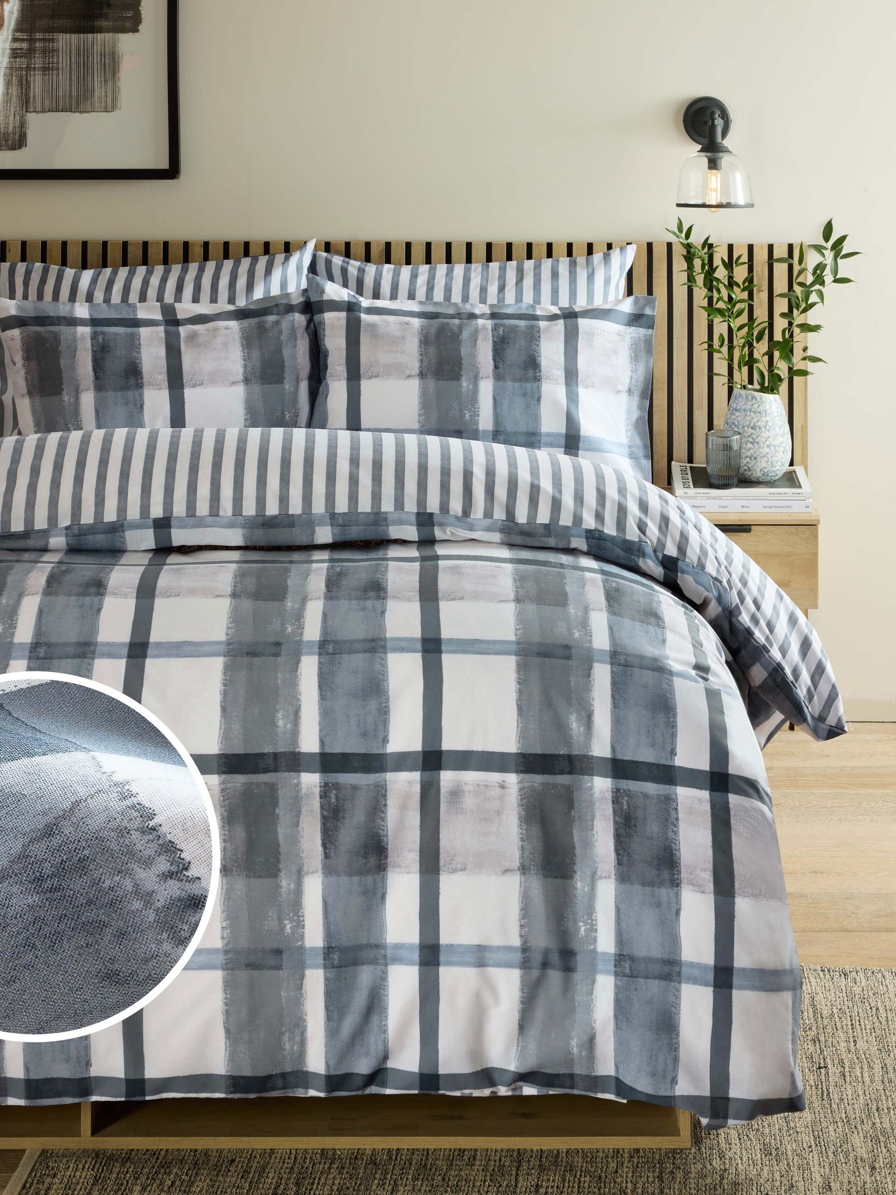 Buy 2 Pack Navy Blue Check Reversible Duvet Cover and Pillowcase Set ...