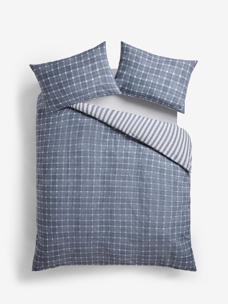 Buy 2 Pack Navy Blue Check Reversible Duvet Cover and Pillowcase Set ...