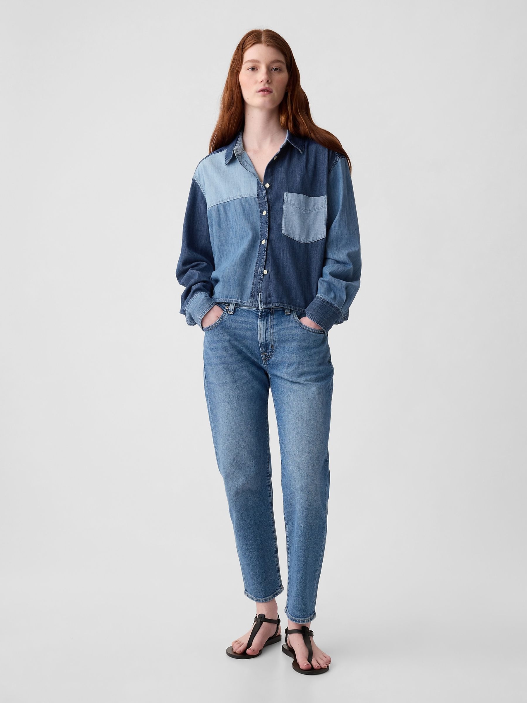 Buy Gap Blue Cropped Patchwork Denim Shirt from the Next UK online shop