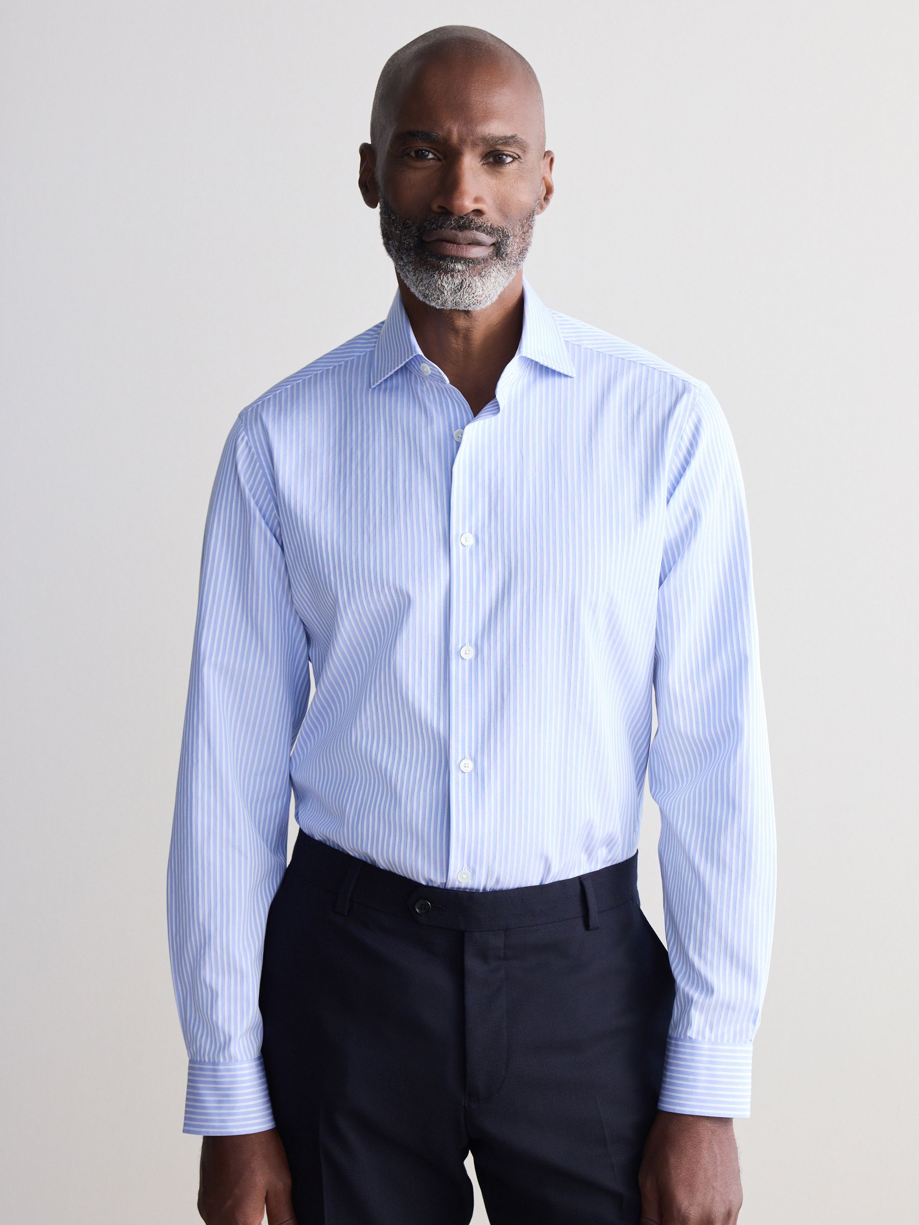 Buy Blue Stripe Slim Fit Signature Single Cuff Texture Pima Cotton ...