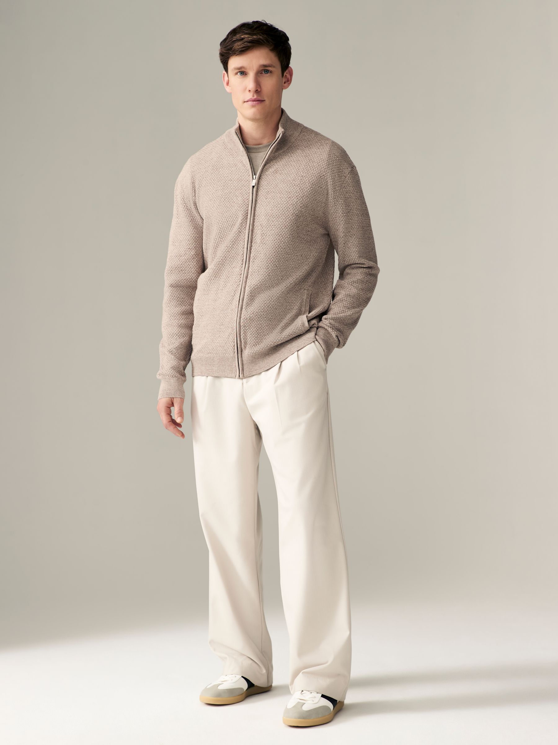 Buy Neutral Regular Fit Texture 100% Cotton Premium Zip Through Jumper ...