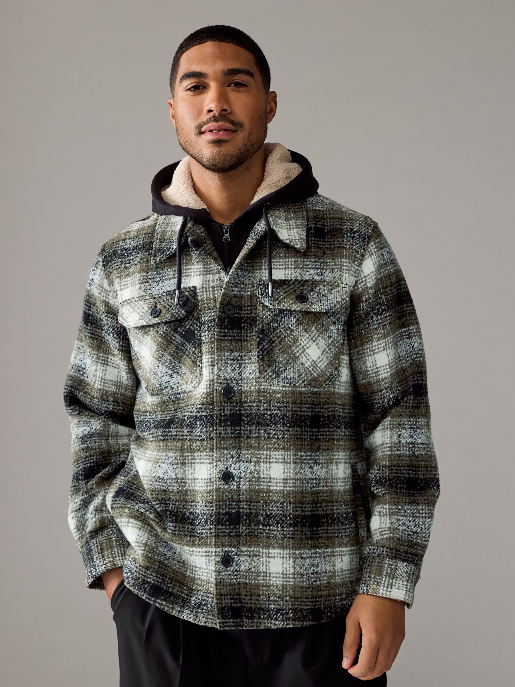 Buy Green Check Hooded Borg Lined Shacket from the Next UK online shop