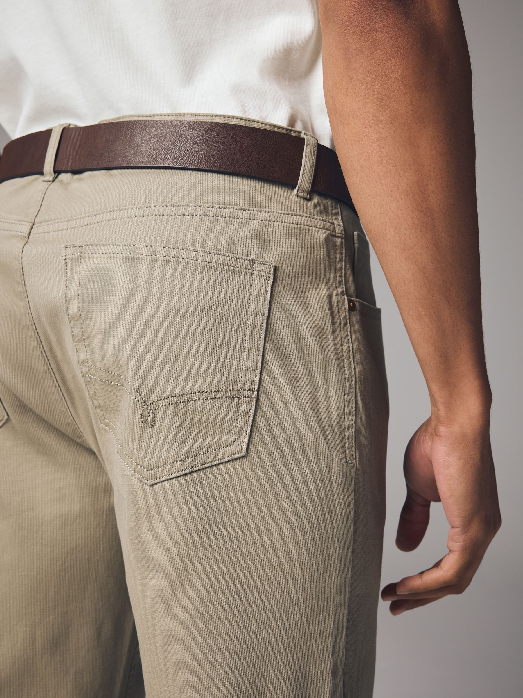 Buy Light Stone Straight Fit Belted Textured 5 Pocket Trousers from ...