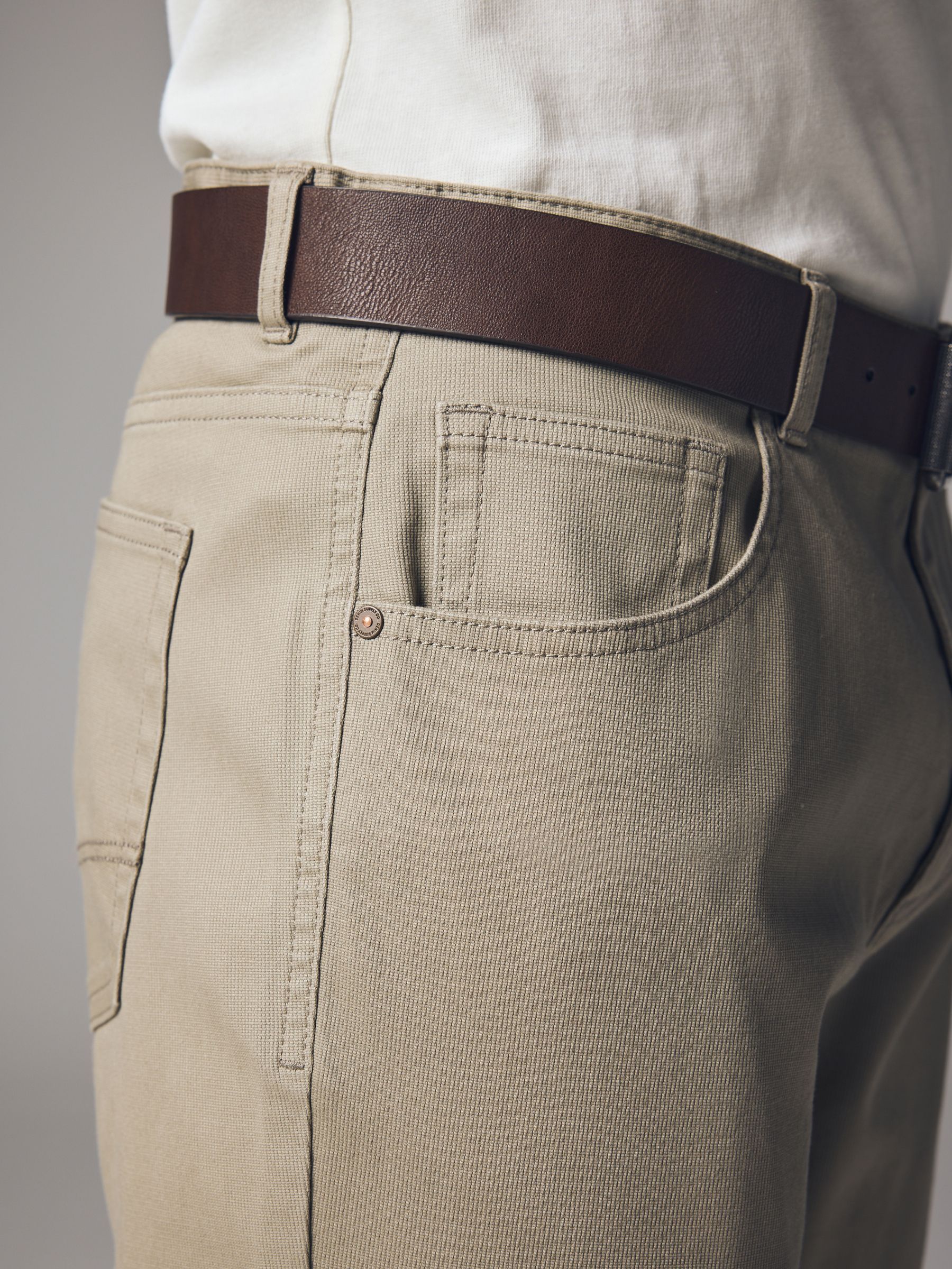 Buy Light Stone Straight Fit Belted Textured 5 Pocket Trousers from ...
