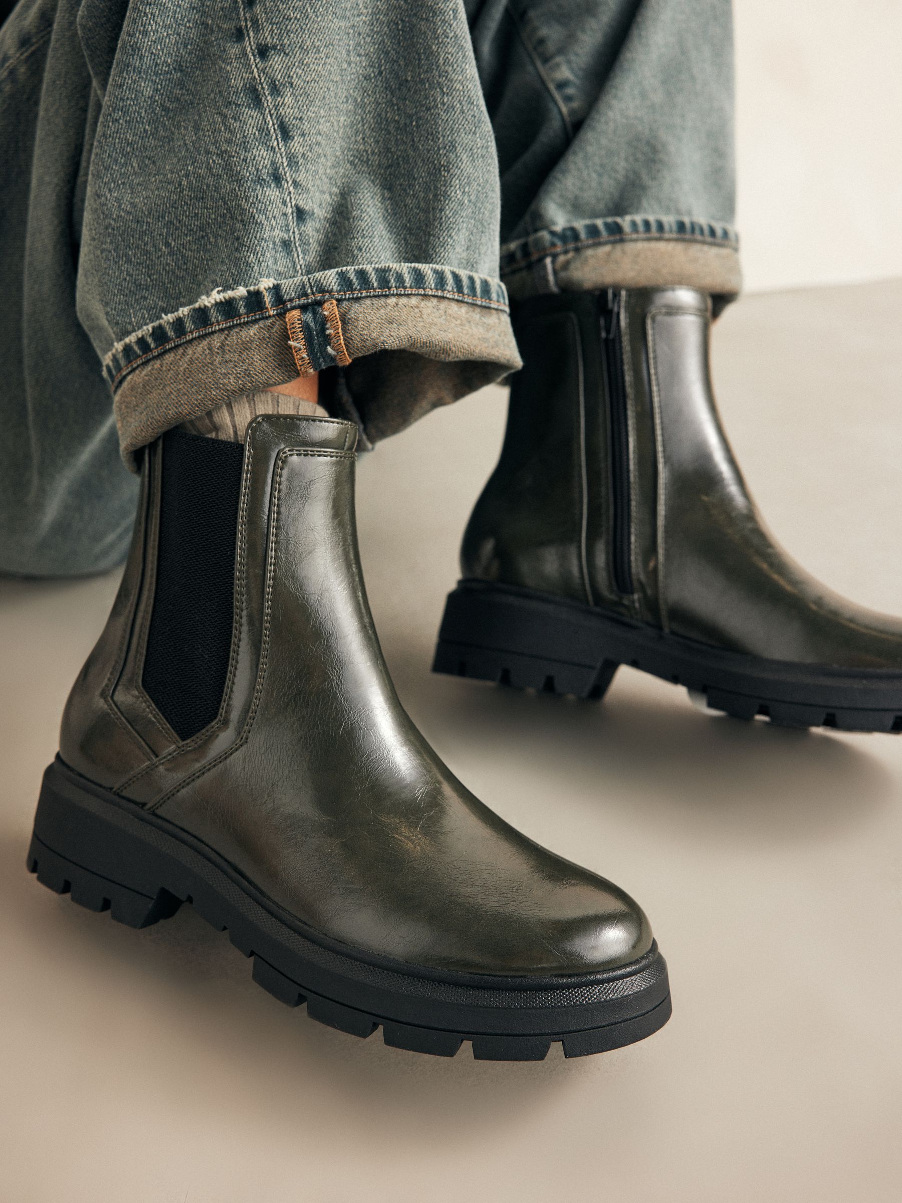 Buy Khaki Green Standard/Wide Fit Forever Comfort® Patent Chelsea Boots ...
