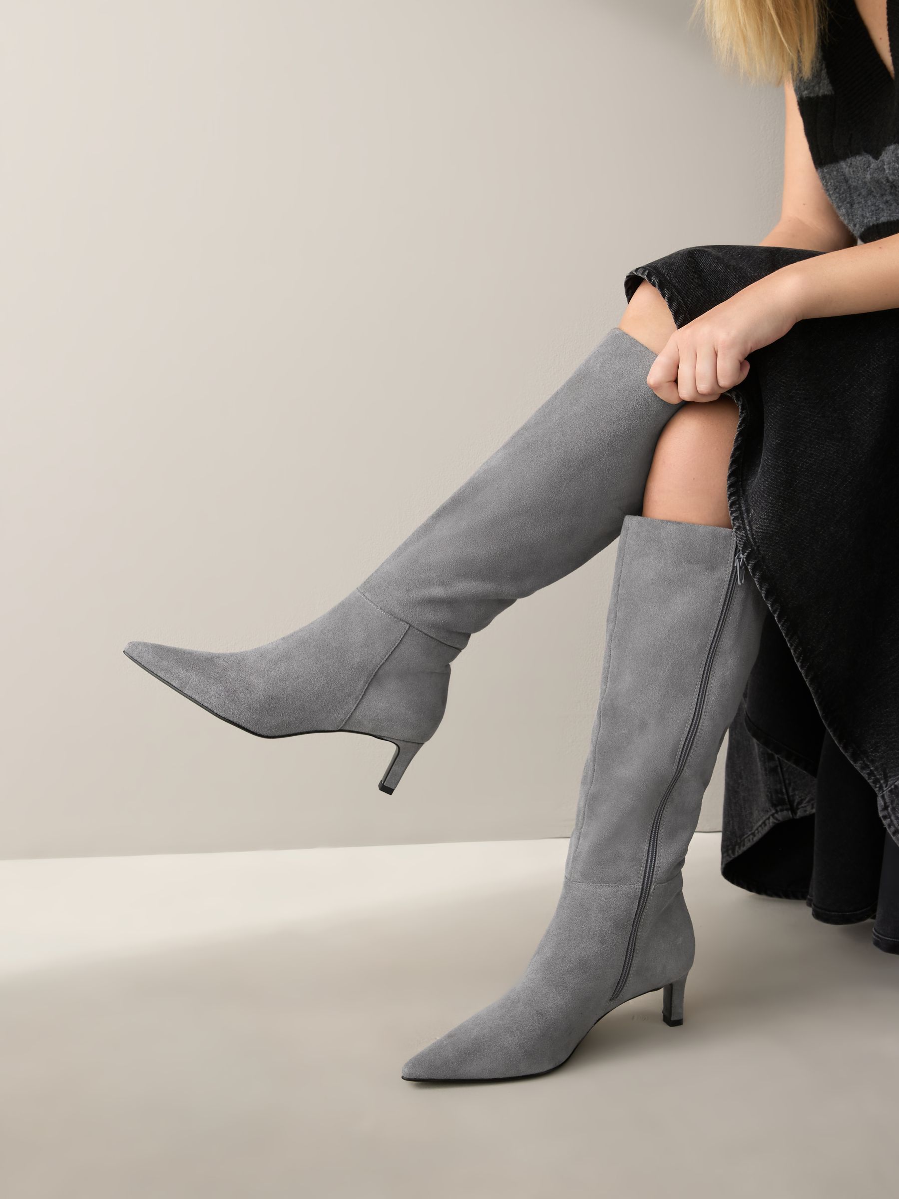 Buy Grey Leather Forever Comfort® Knee High Skinny Heeled Boots from ...