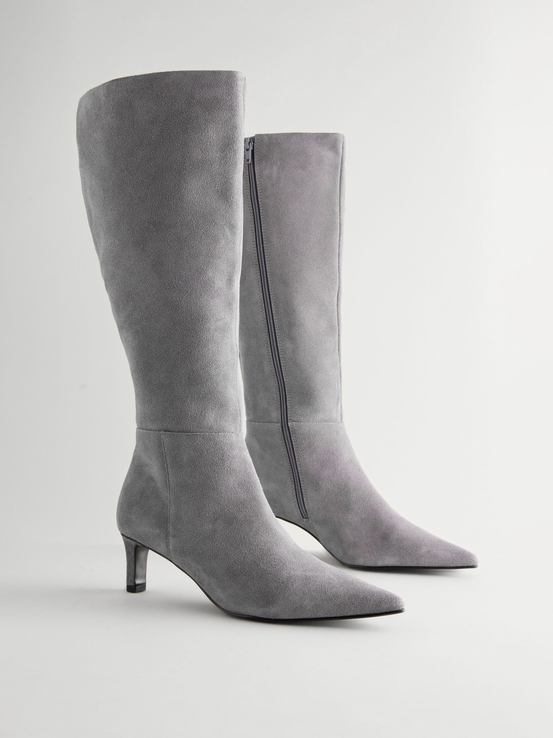 Buy Grey Leather Forever Comfort® Knee High Skinny Heeled Boots from ...