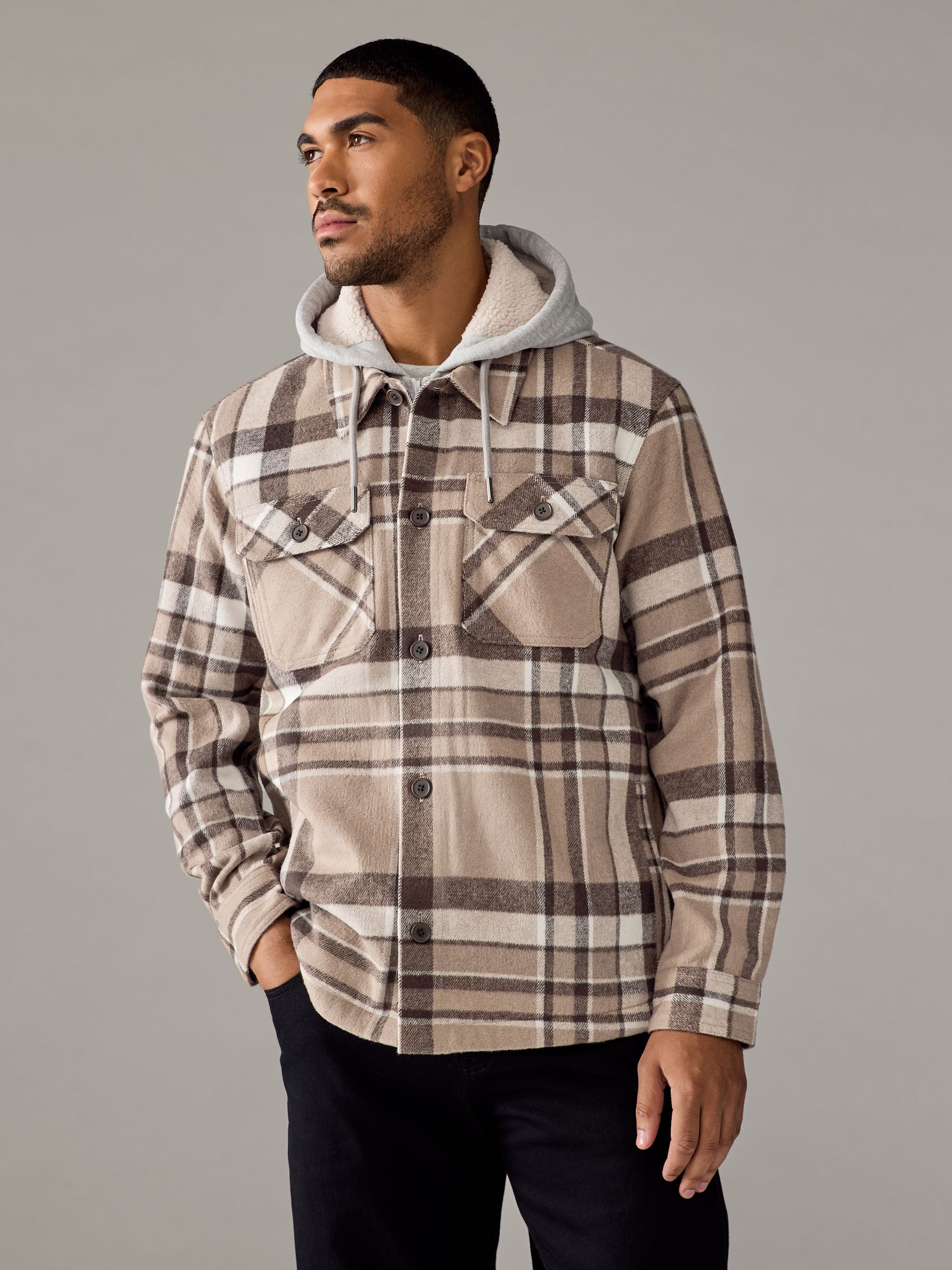 Buy Neutral Check Hooded Borg Lined Shacket from the Next UK online shop