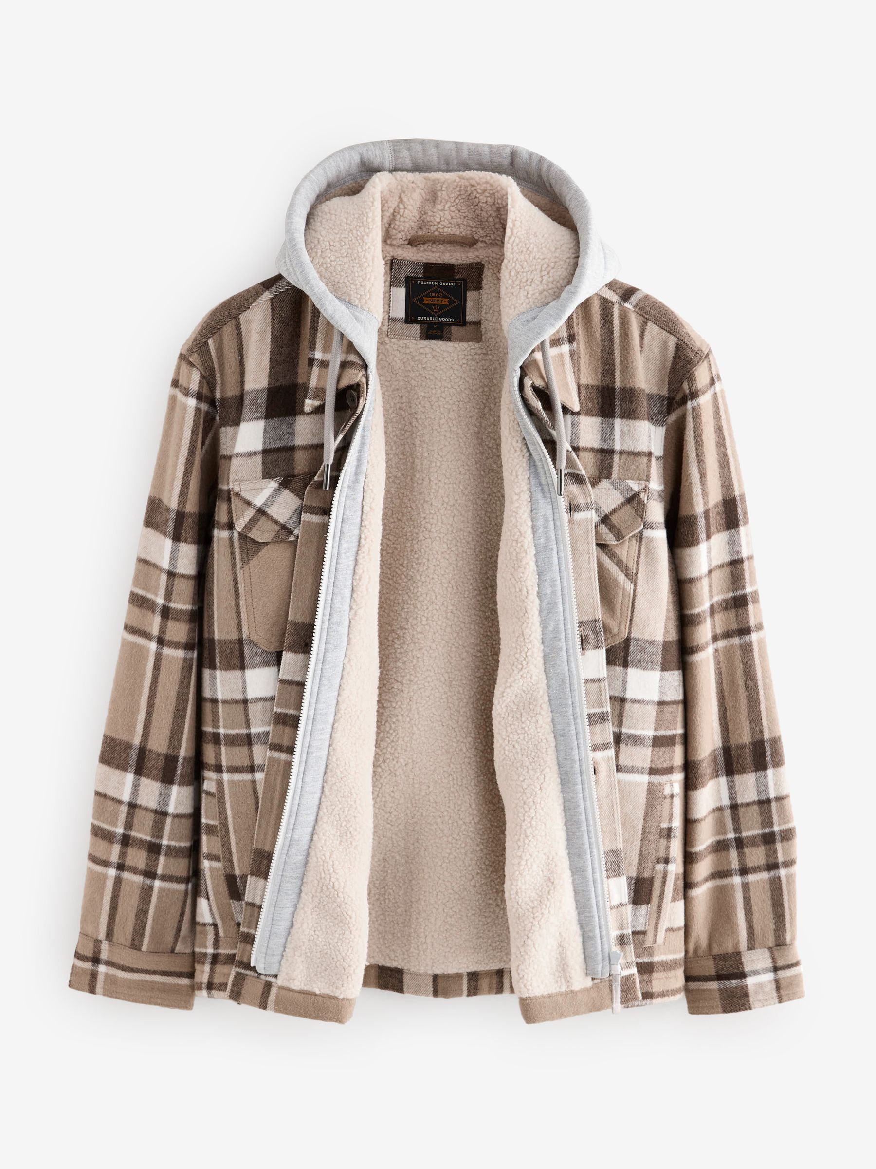 Buy Neutral Check Hooded Borg Lined Shacket from the Next UK online shop