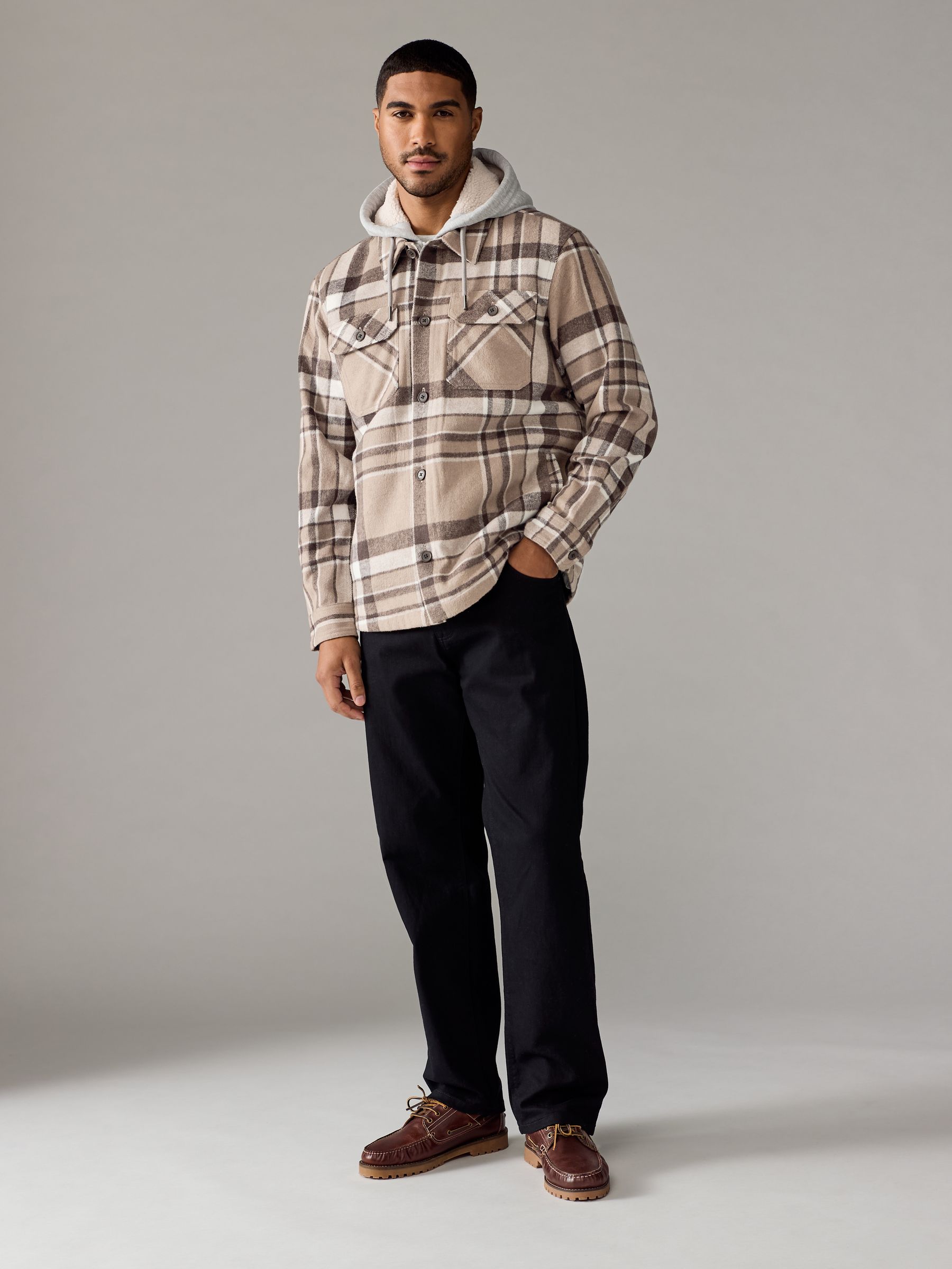 Buy Neutral Check Hooded Borg Lined Shacket from the Next UK online shop