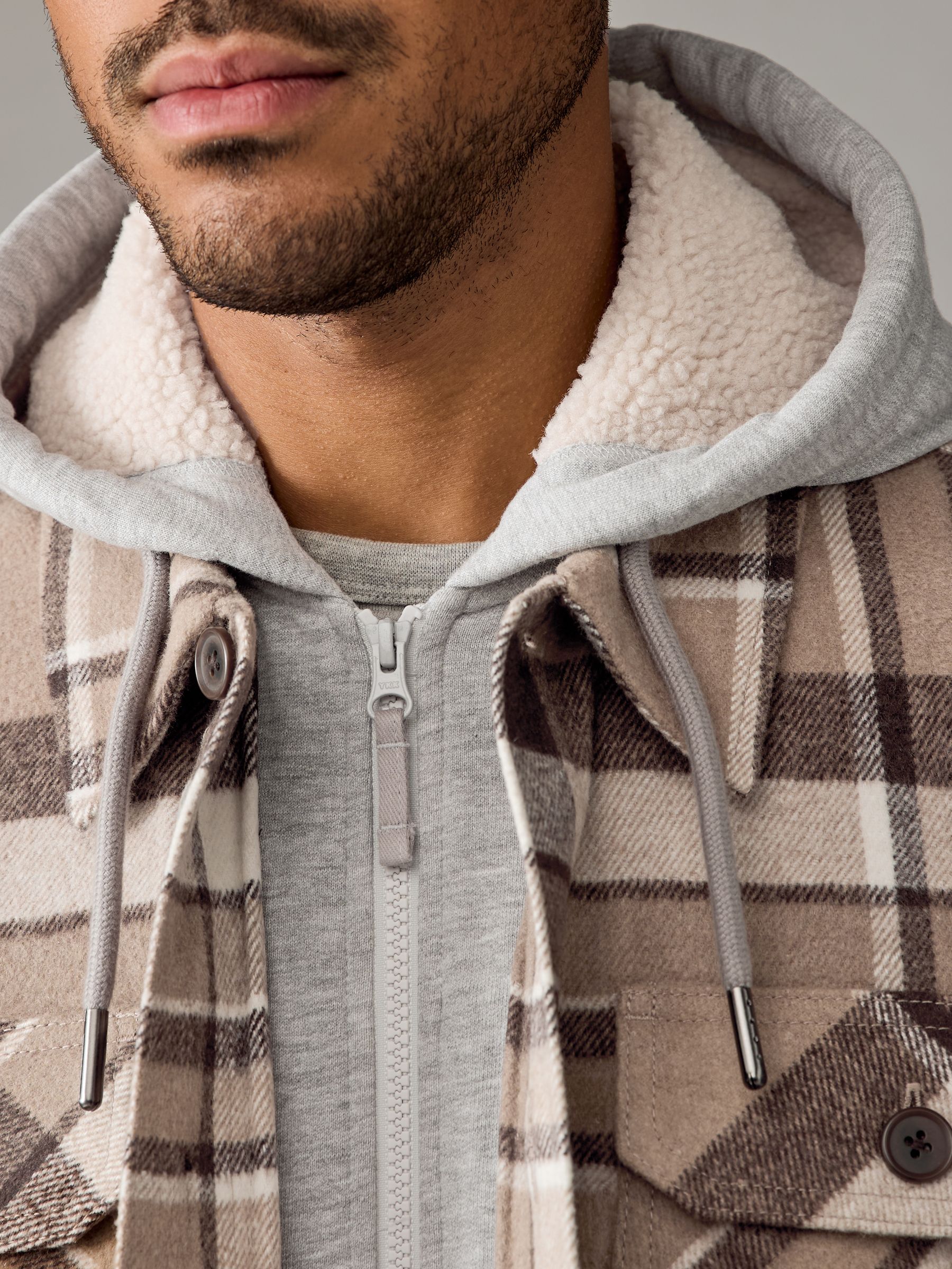 Buy Neutral Check Hooded Borg Lined Shacket from the Next UK online shop