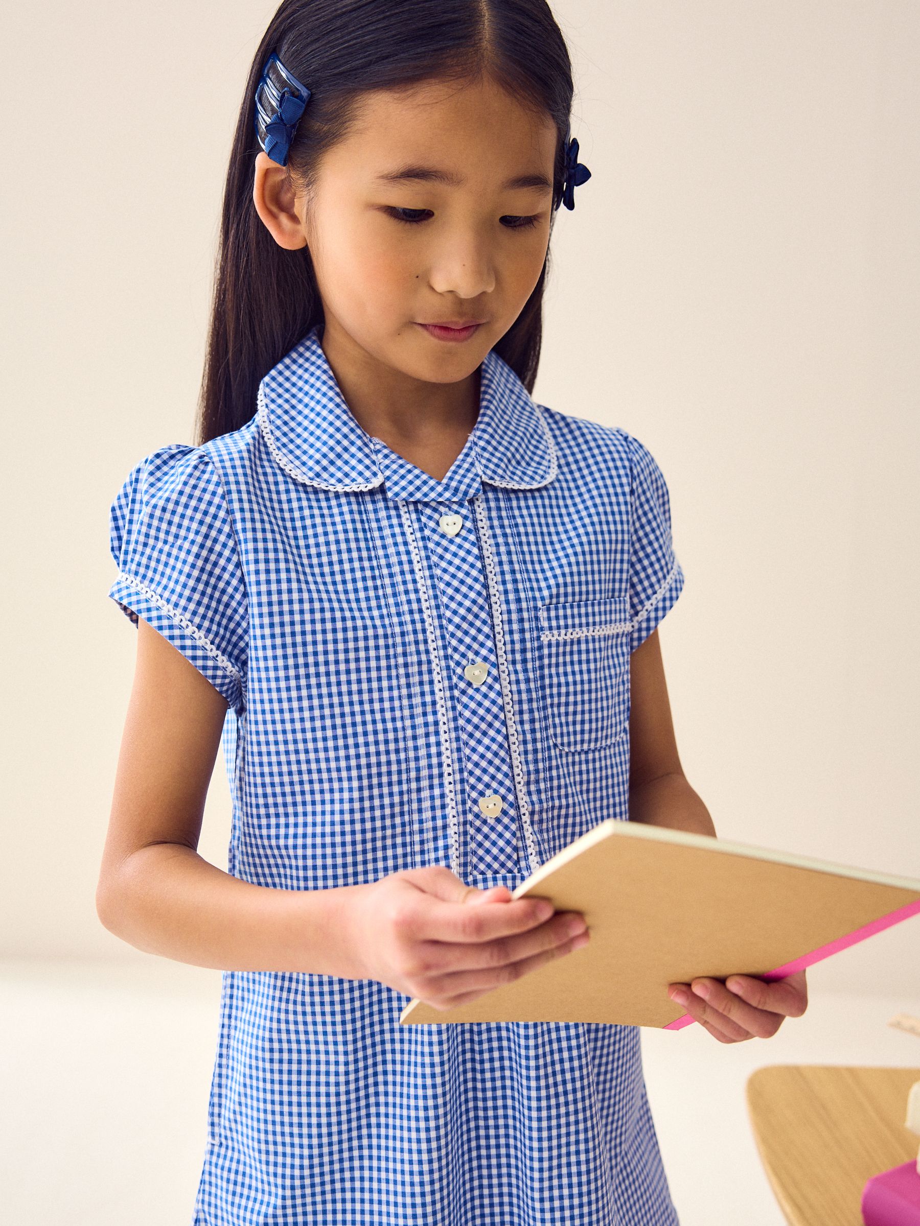 Buy Mid Blue Cotton Rich Button Front Lace Gingham School Dress (3 ...