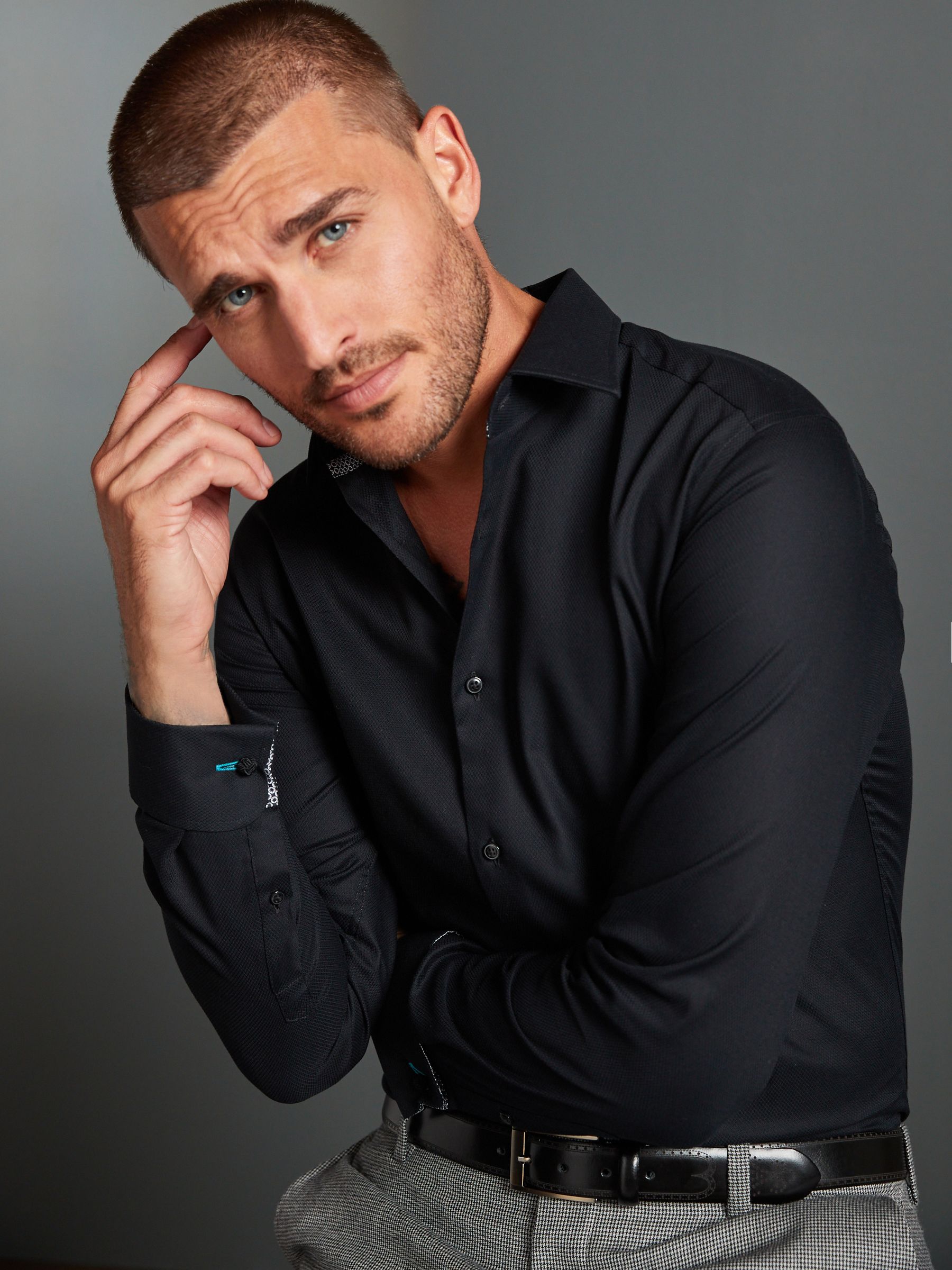 Buy Black Slim Fit 100% Cotton Signature Textured Double Cuff Smart ...