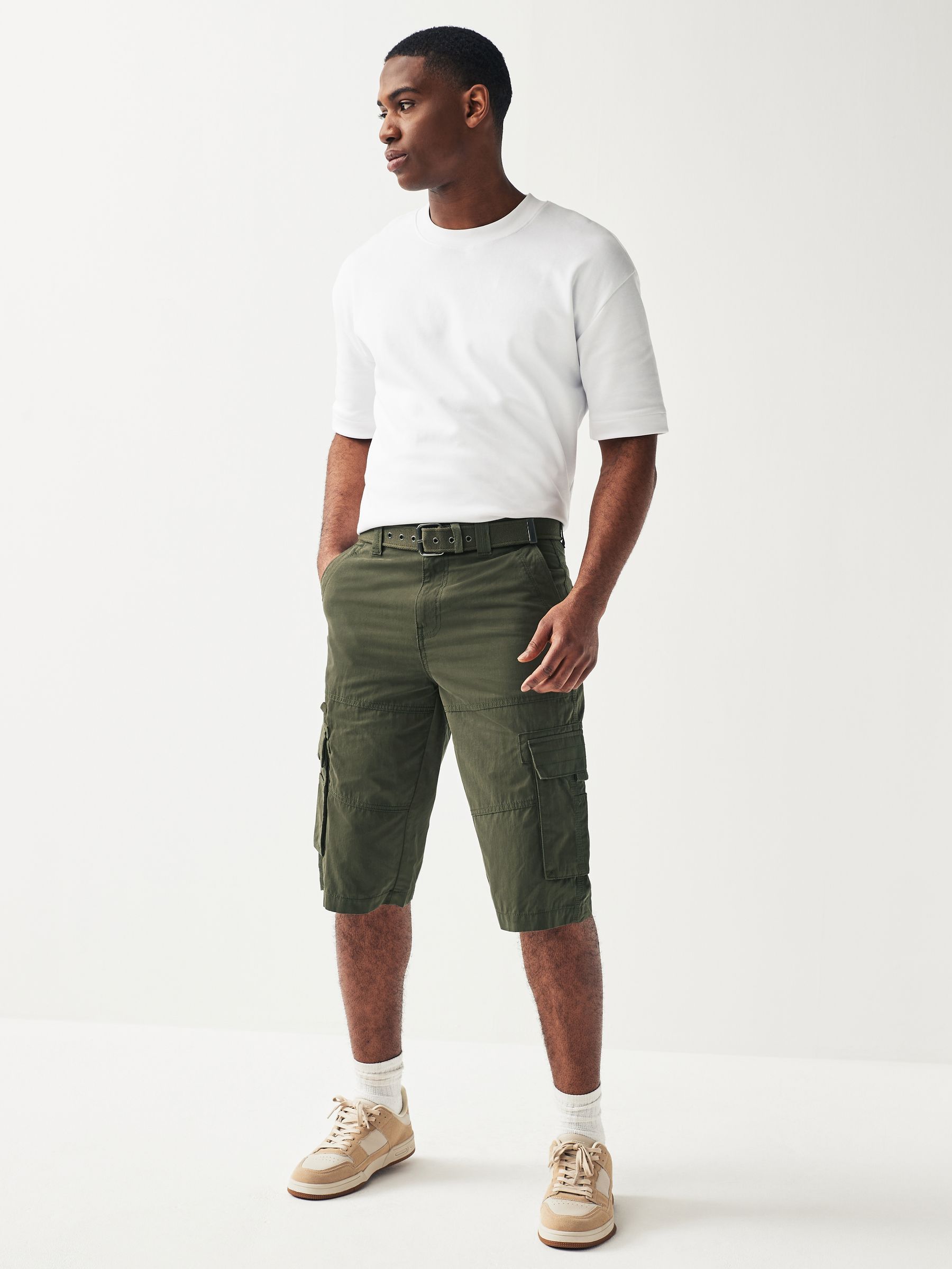 Buy Khaki Green Long Length Belted Cargo Shorts from Next Australia